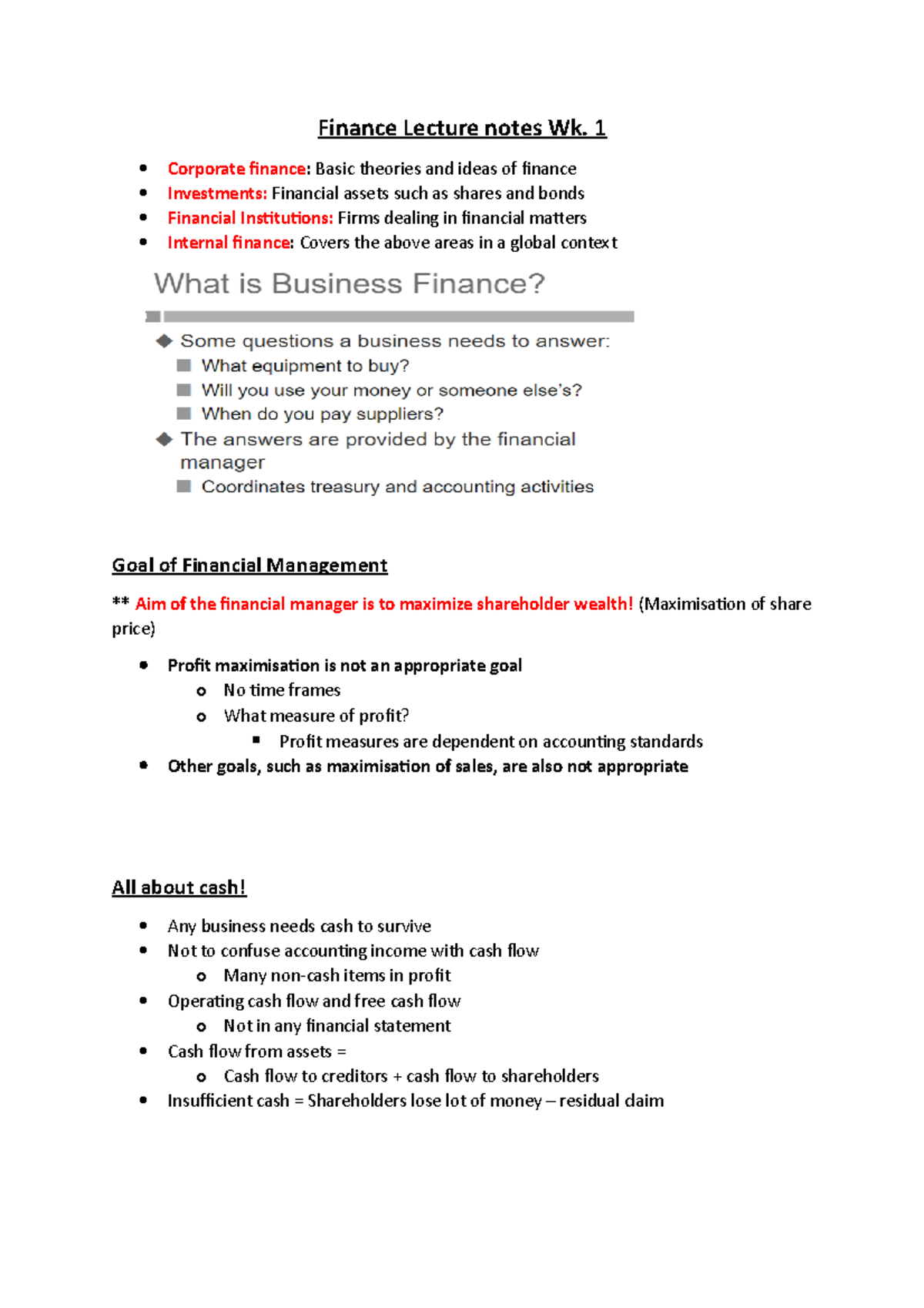 Finance Lecture notes Wk1 Introduction to Finance - Finance Lecture ...