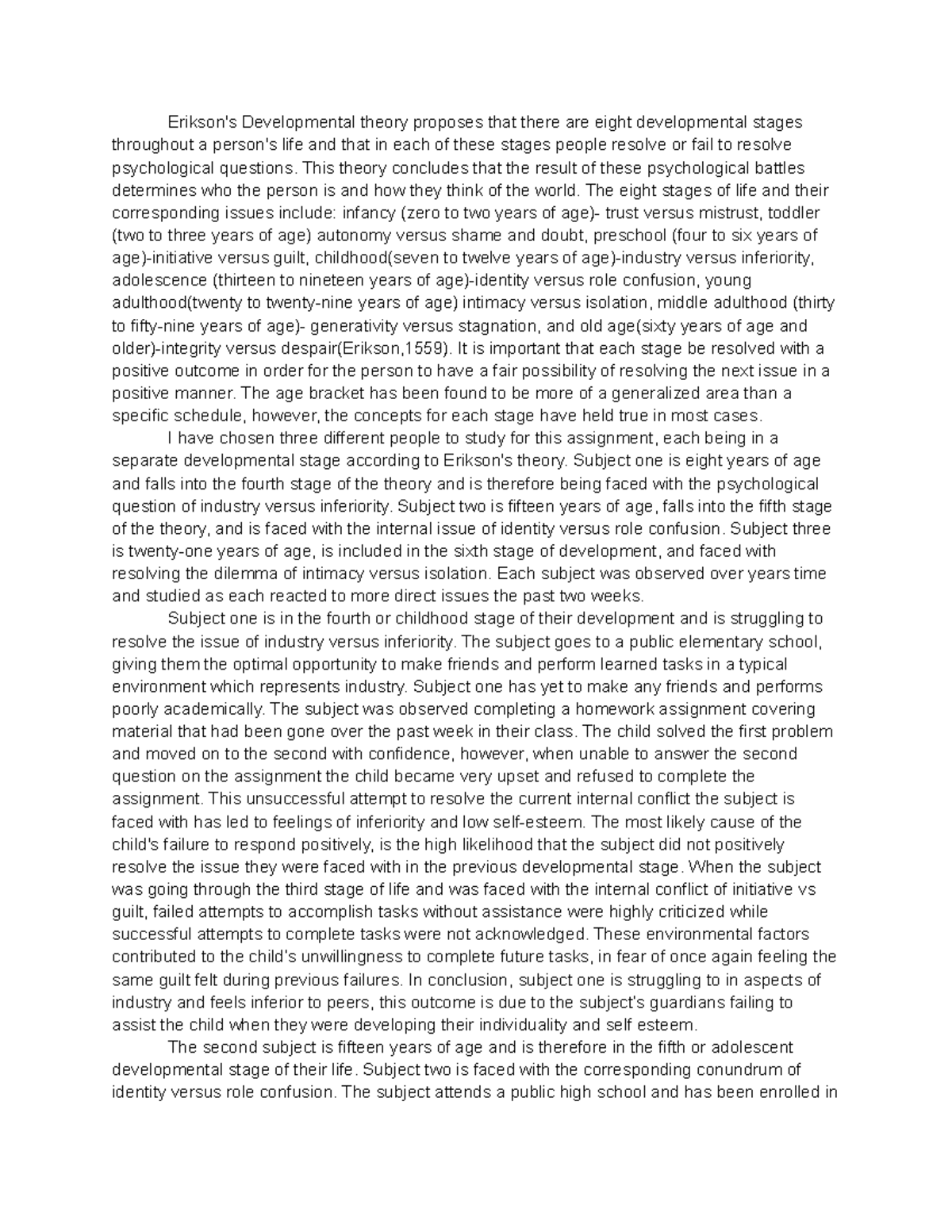 Erikson's Developmental Theory Assignment - Erikson's Developmental ...