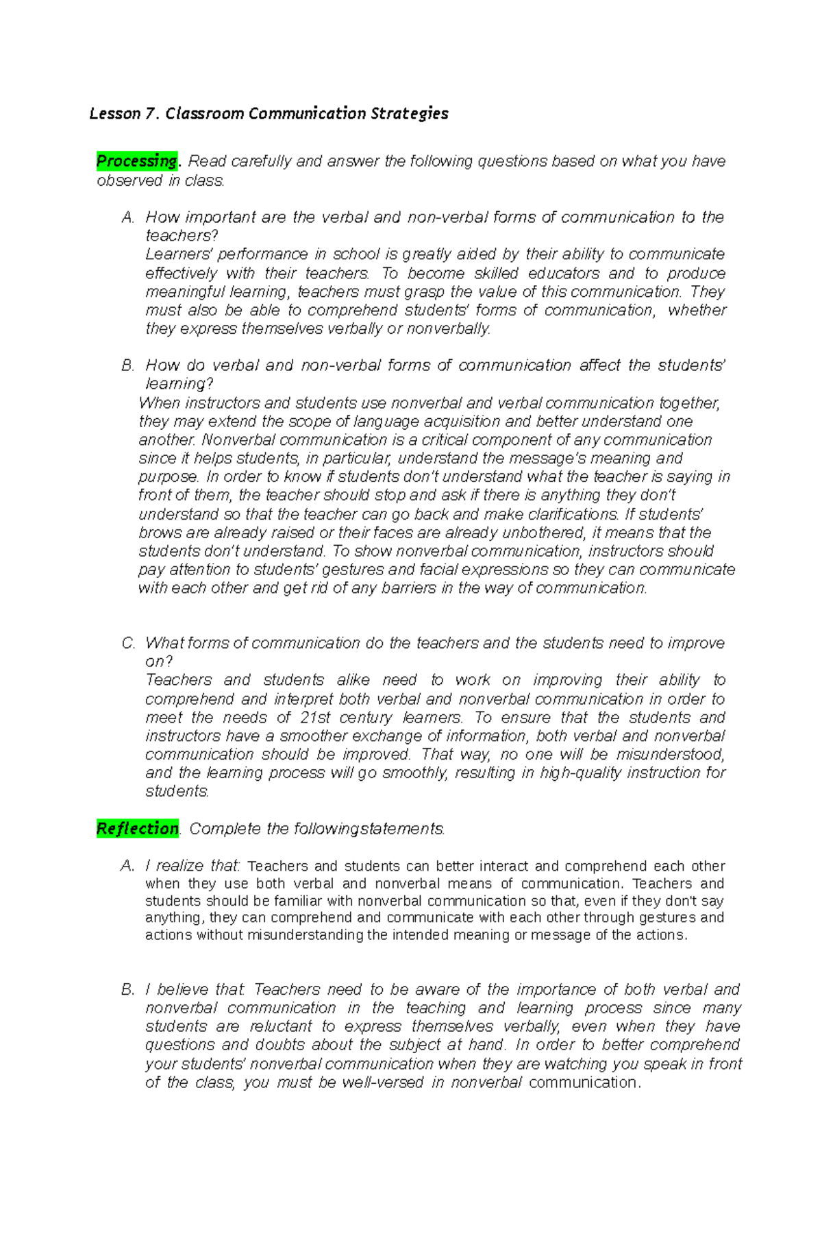 Lesson 7 AOL2 Lesson 7 Classroom Communication Strategies