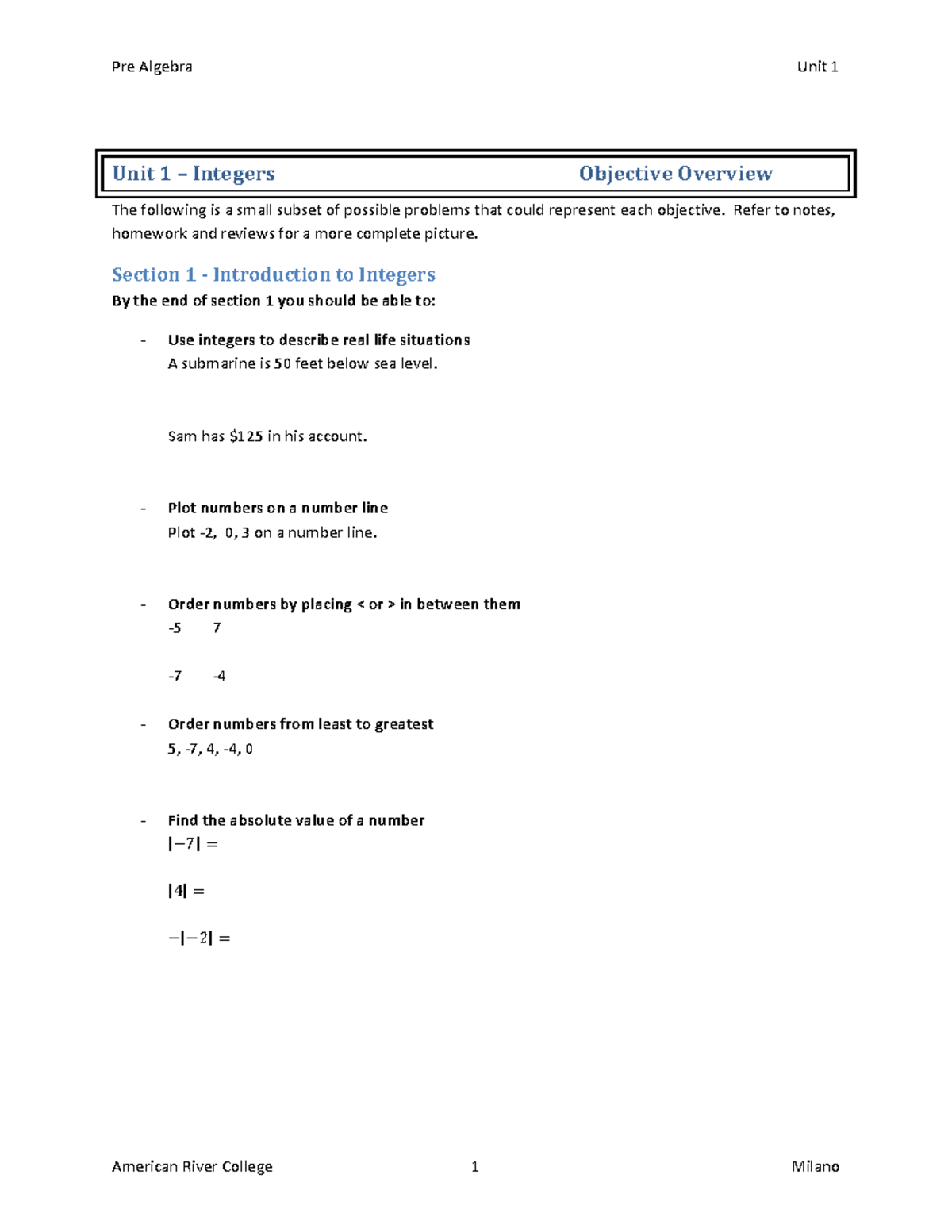Reading Unit 1 - Pre Algebra Unit 1 Unit 1 – Integers Objective ...