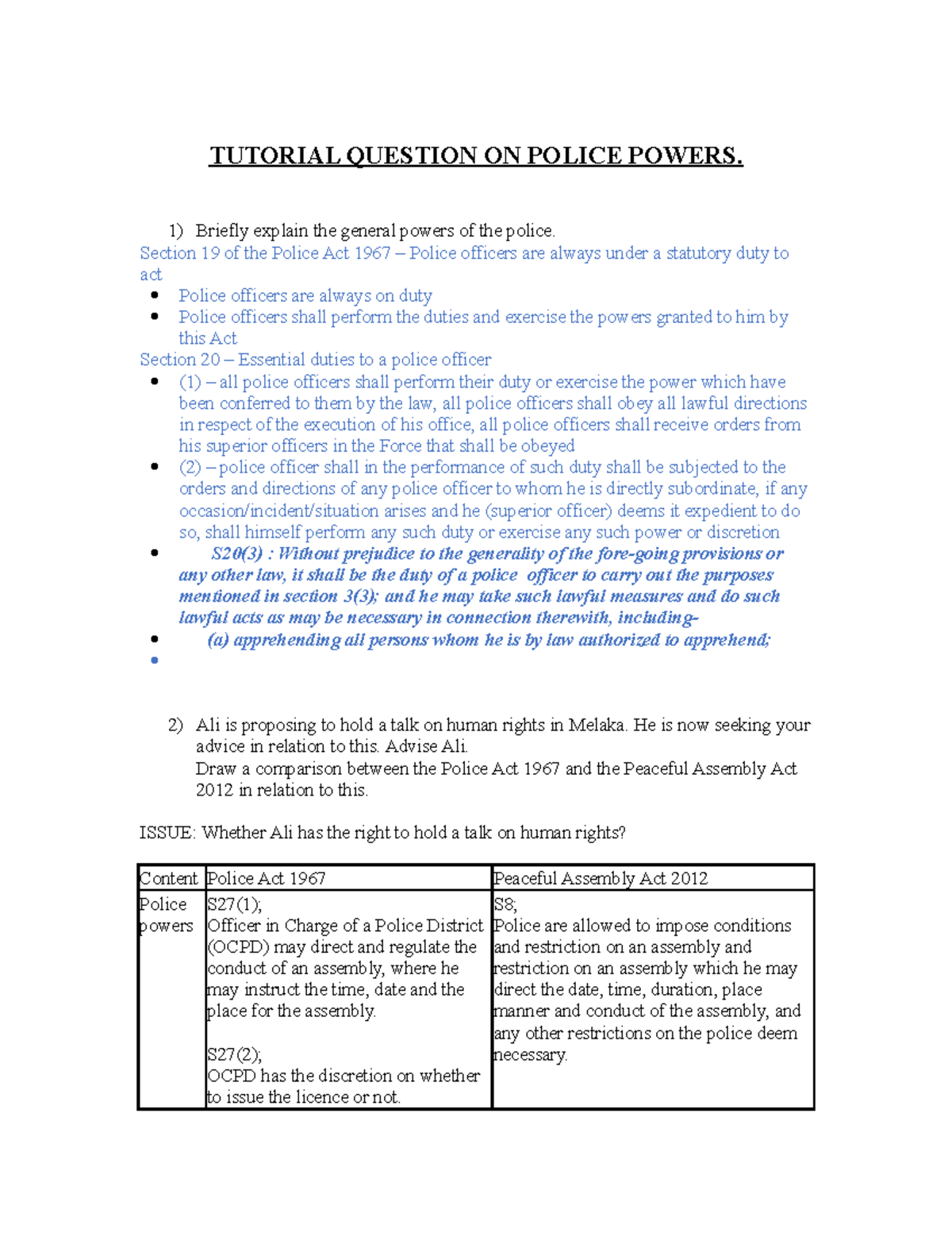 Tutorial Question ON Police Powers - TUTORIAL QUESTION ON POLICE POWERS ...