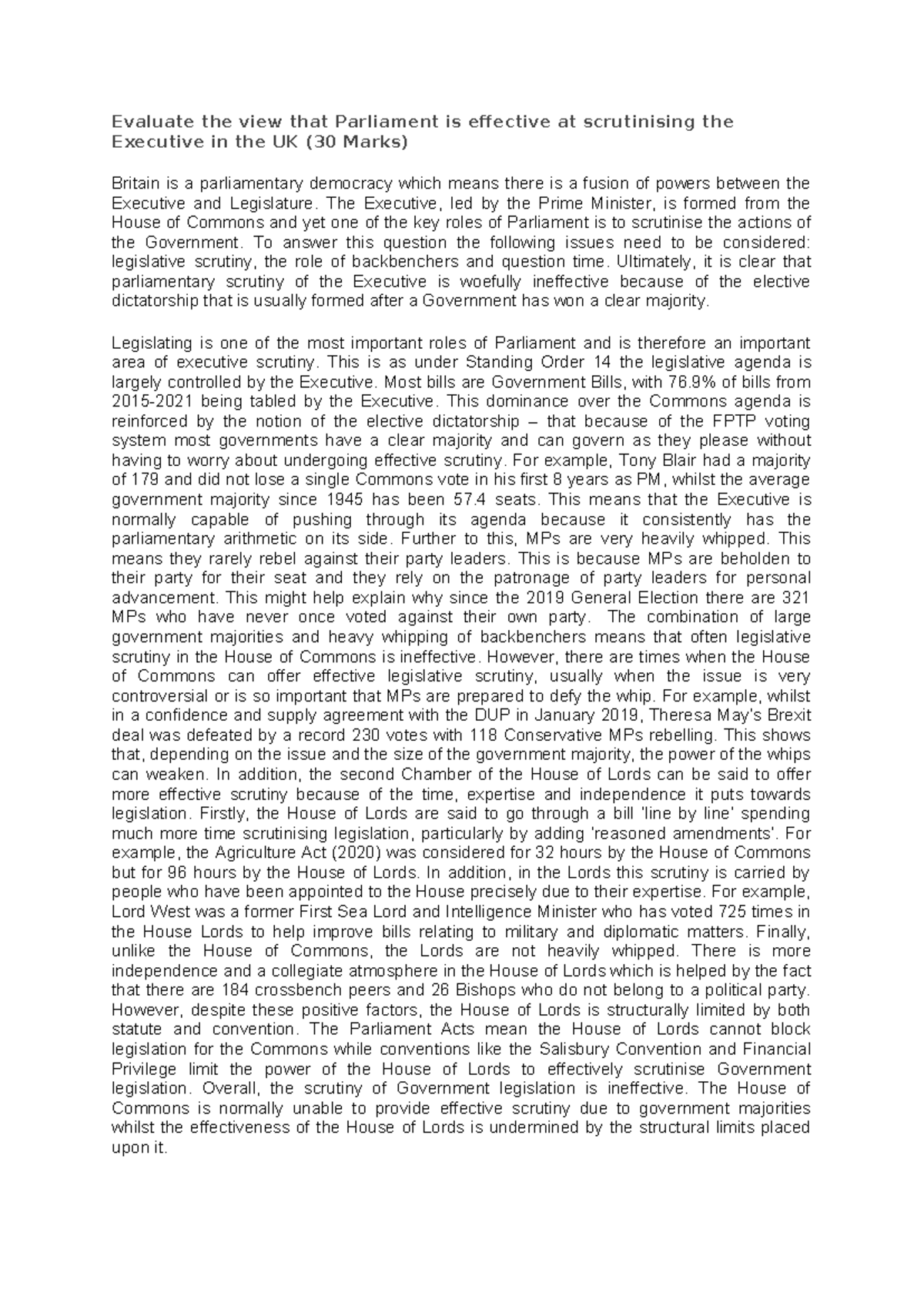 Example Essay - The Executive - Evaluate the view that Parliament is ...