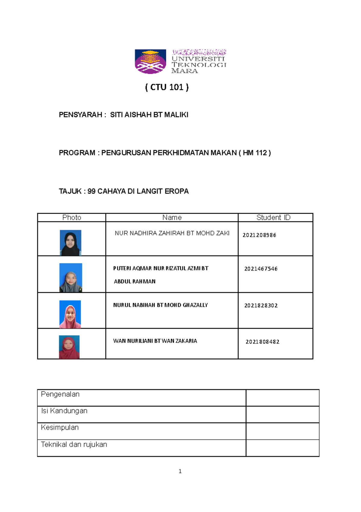 CTU 1011 99 cahaya di langit eropah movie - ( CTU 101 ) PENSYARAH : SITI AISHAH BT MALIKI ...