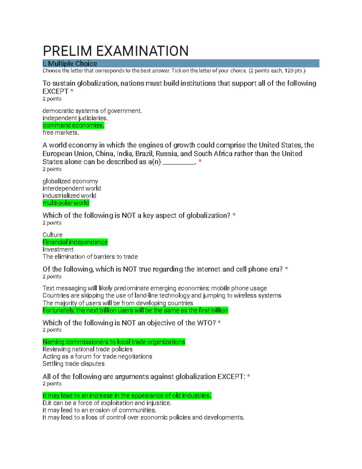 BACC Prelim Examination - PRELIM EXAMINATION I. Multiple Choice Choose the letter that ...