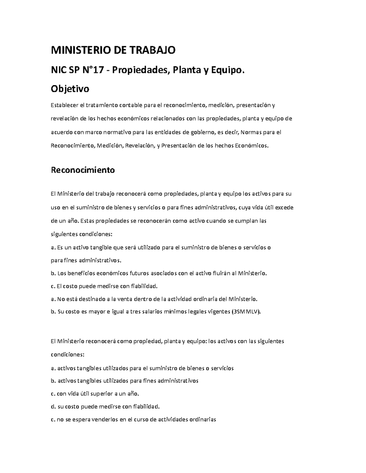 Propiedad planta y equipos Nicsp 17 Min. trabajo - MINISTERIO DE ...