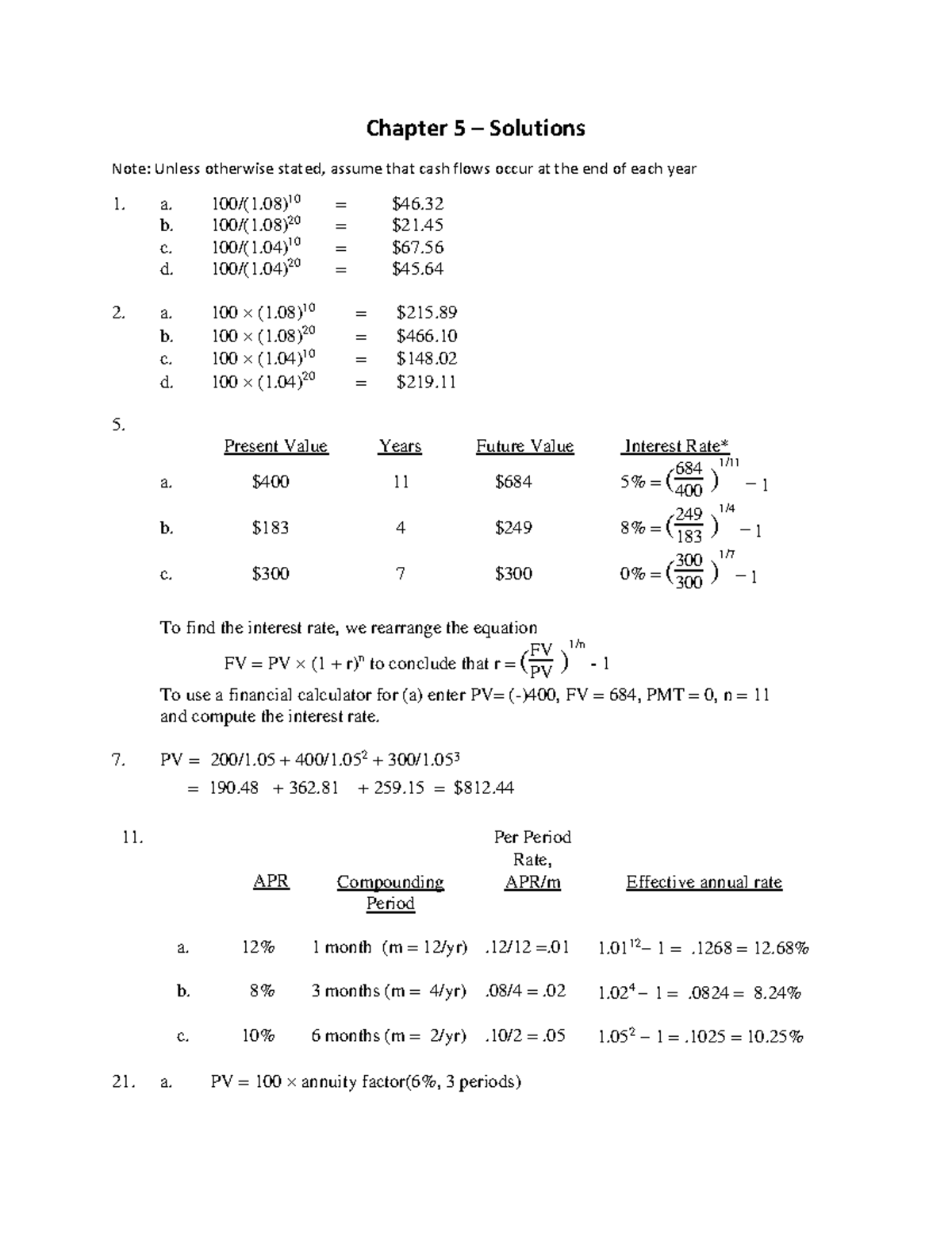Chapter 5 - Solutions - ........ - Chapter 5 – Solutions Note: Unless ...