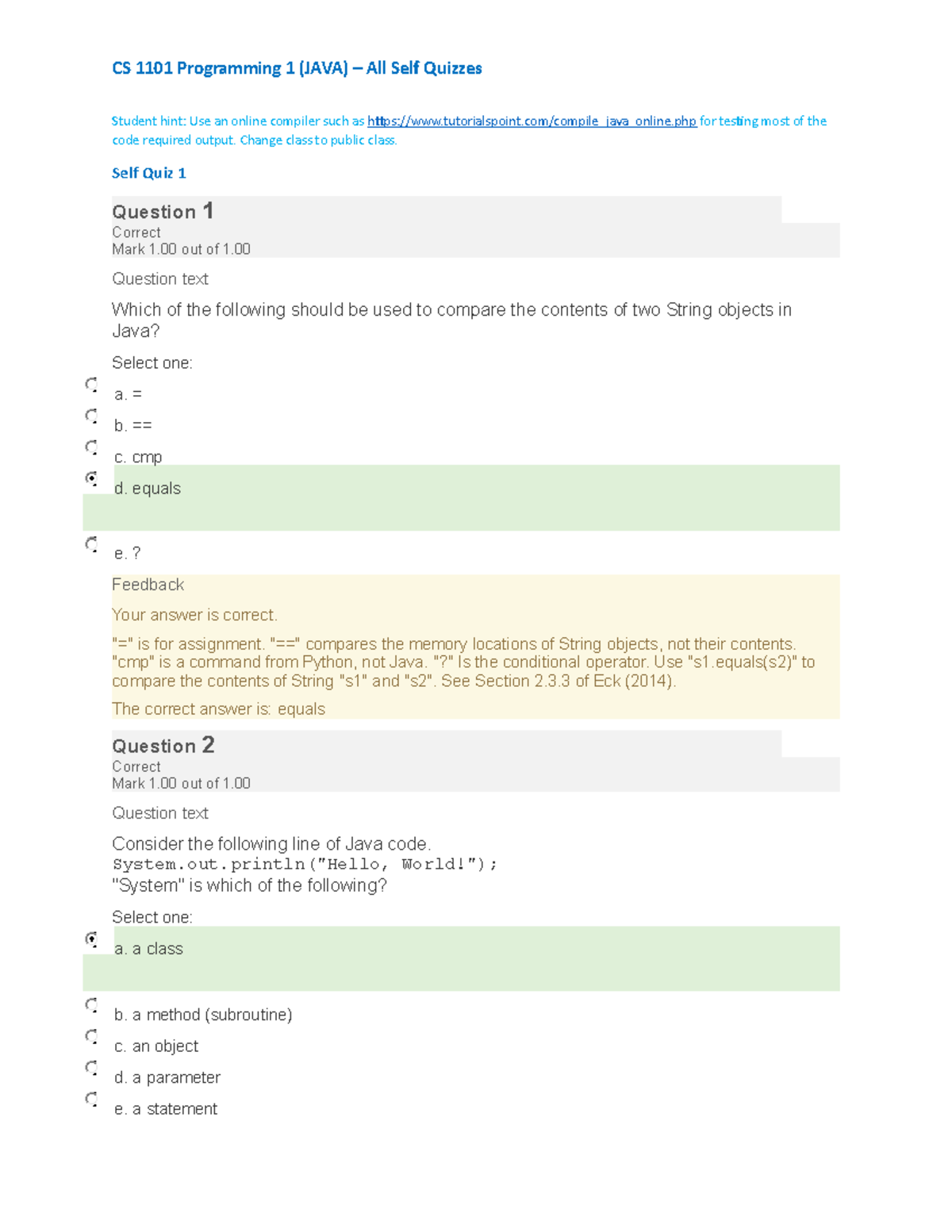 CS1102 Programming 1 - All Self Quiz - Student hint: Use an online ...