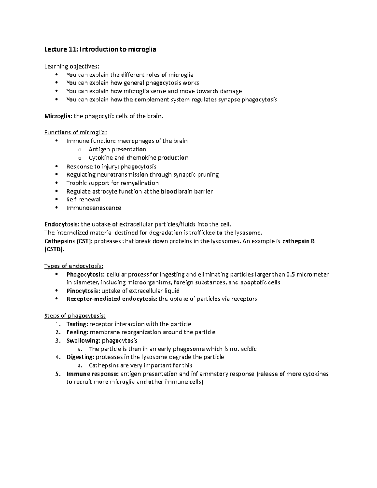 Lecture 11 (9-10-23) - Lecture 11: Introduction to microglia Learning objectives: You can ...