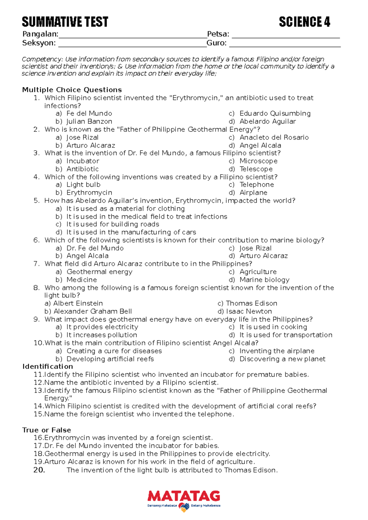 SCI4 Summative 01 - summary - SUMMATIVE TEST SCIENCE 4 - Studocu