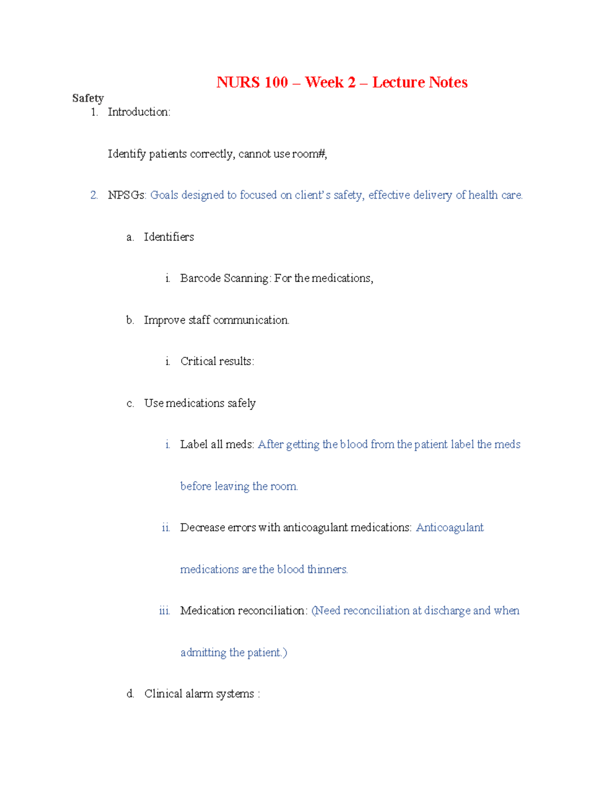 Week 2 - Fundamental class notes - NURS 100 – Week 2 – Lecture Notes ...