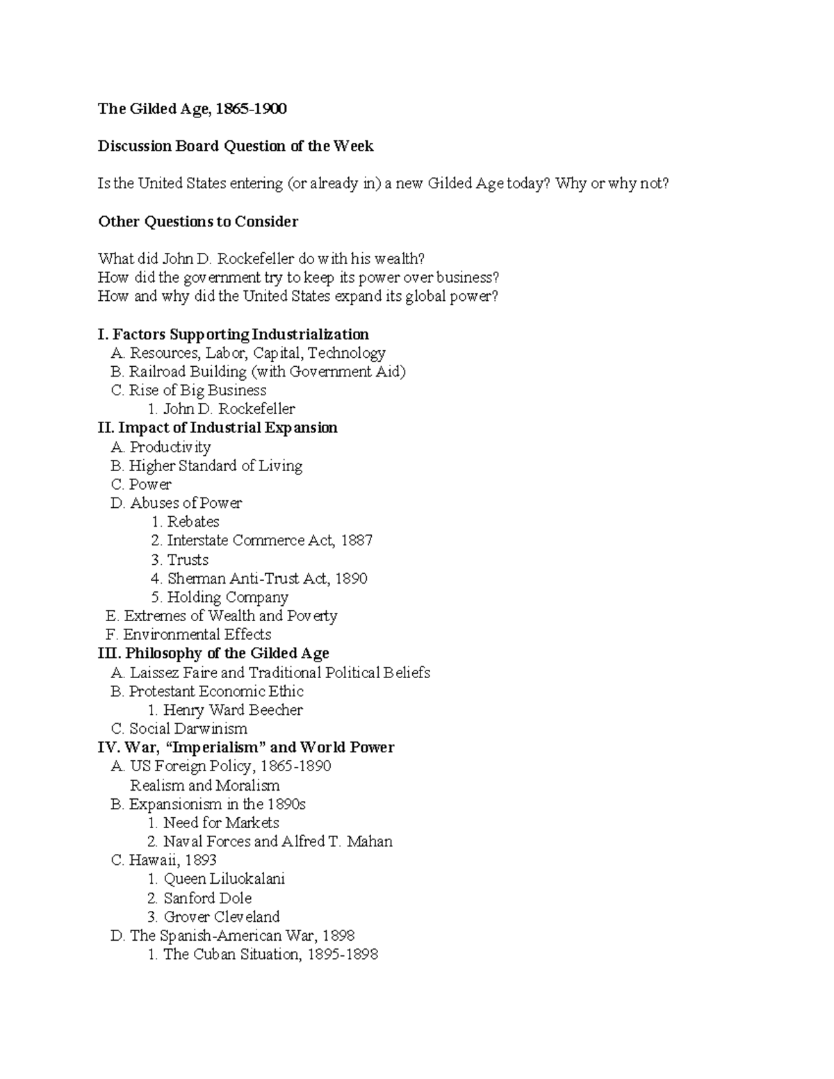 The Gilded Age, 1865-1900 - The Gilded Age, 1865- Discussion Board ...