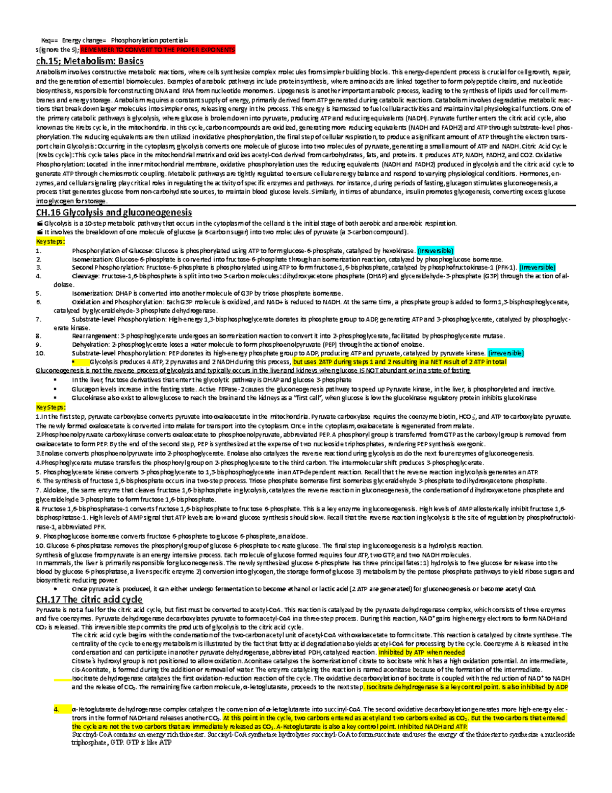 Final exam biochemistry cheat sheet - Keq== Energy change ...