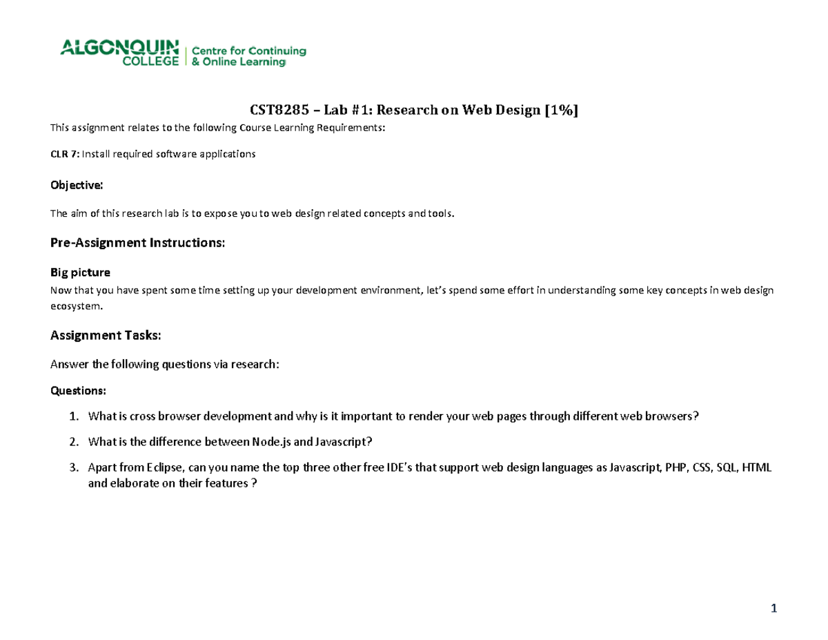 CST8285 - Lab #1 Research on Web Design - 1 CST8285 – Lab # 1: Research on Web Design [1%] This ...