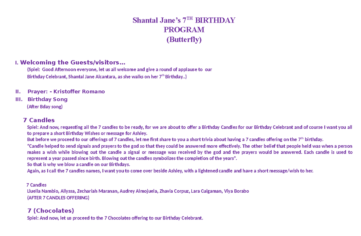 7th Birthday Sample Template - Shantal Jane’s 7 TH BIRTHDAY PROGRAM ...