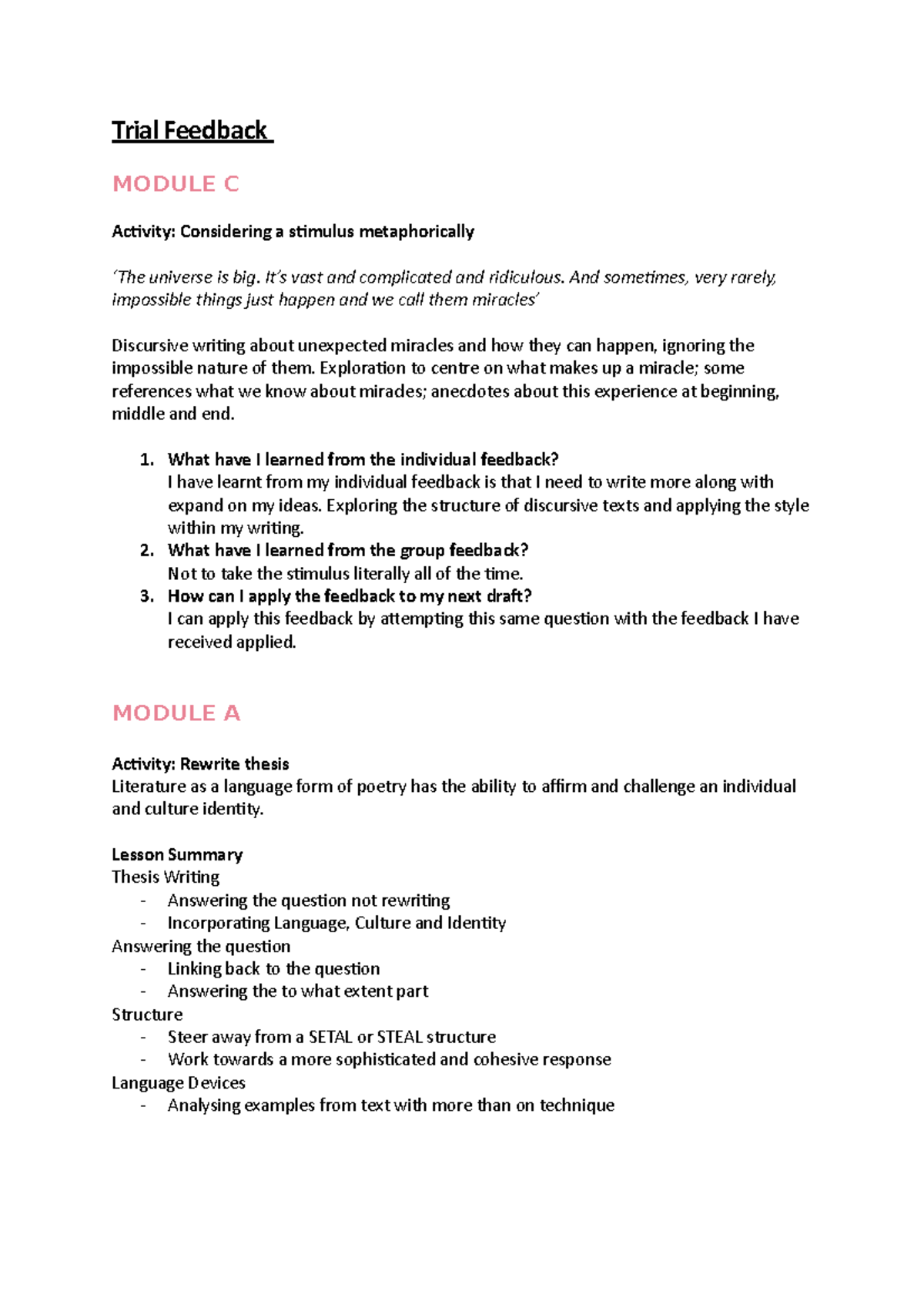 Trial Feedback - Trial Feedback MODULE C Activity: Considering a ...