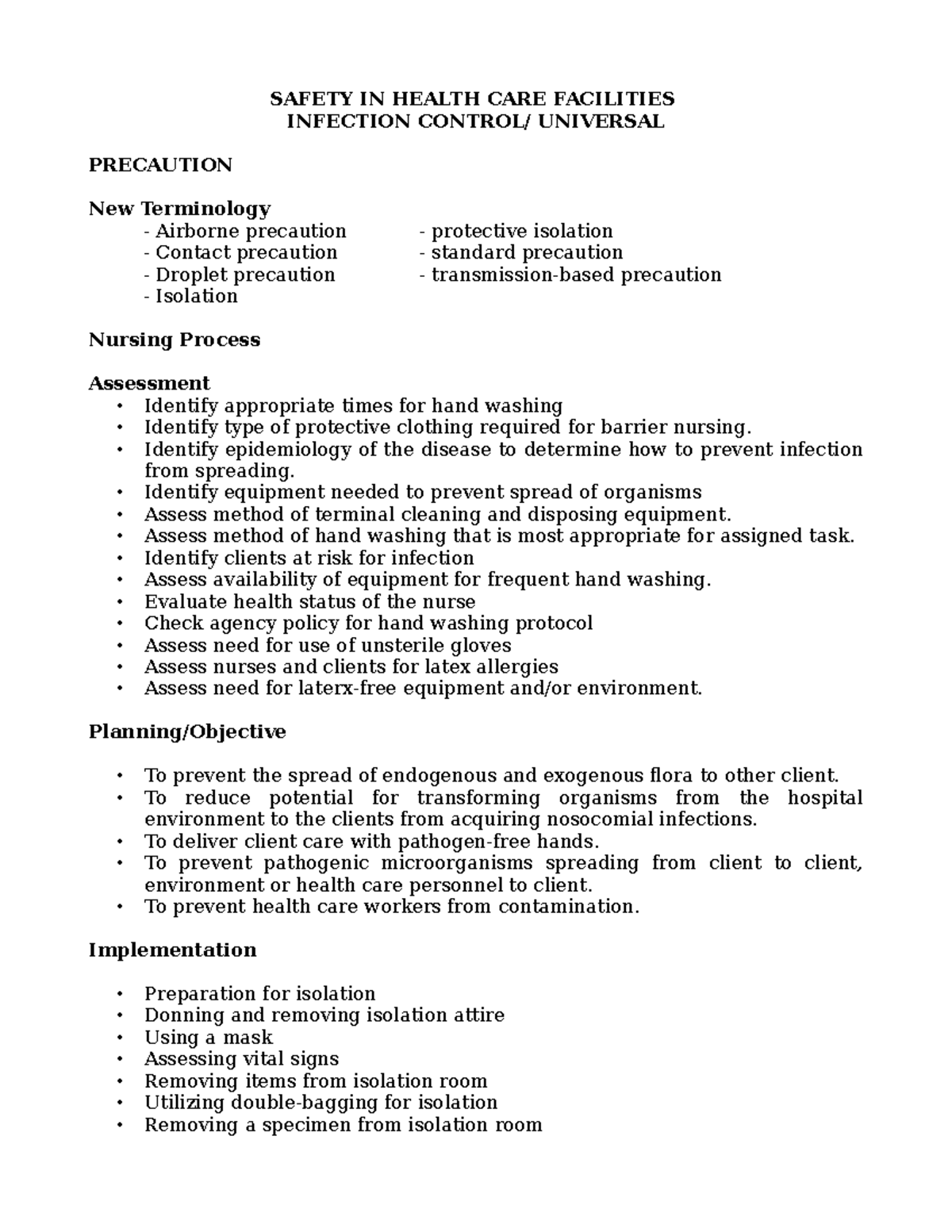 Safety IN Health CARE Facilities Infection Control Universal - SAFETY ...