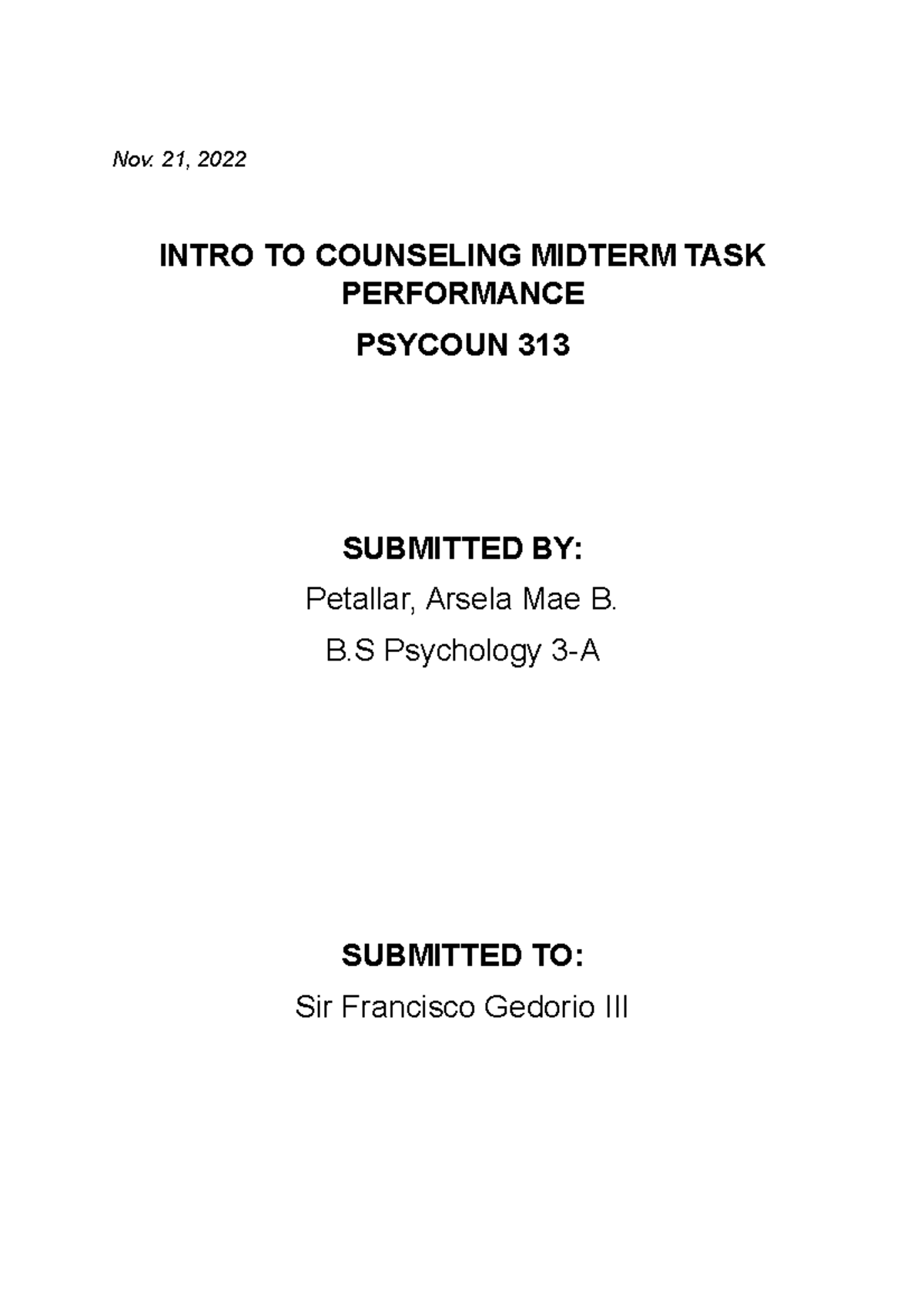 WHAT TO Assess- Counseling - Nov. 21, 2022 INTRO TO COUNSELING MIDTERM ...
