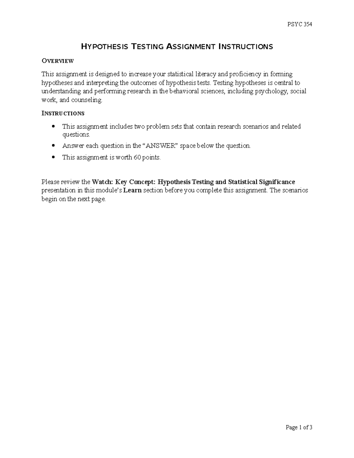 Hypothesis Testing Assignment Instructions - PSYC 354 HYPOTHESIS ...