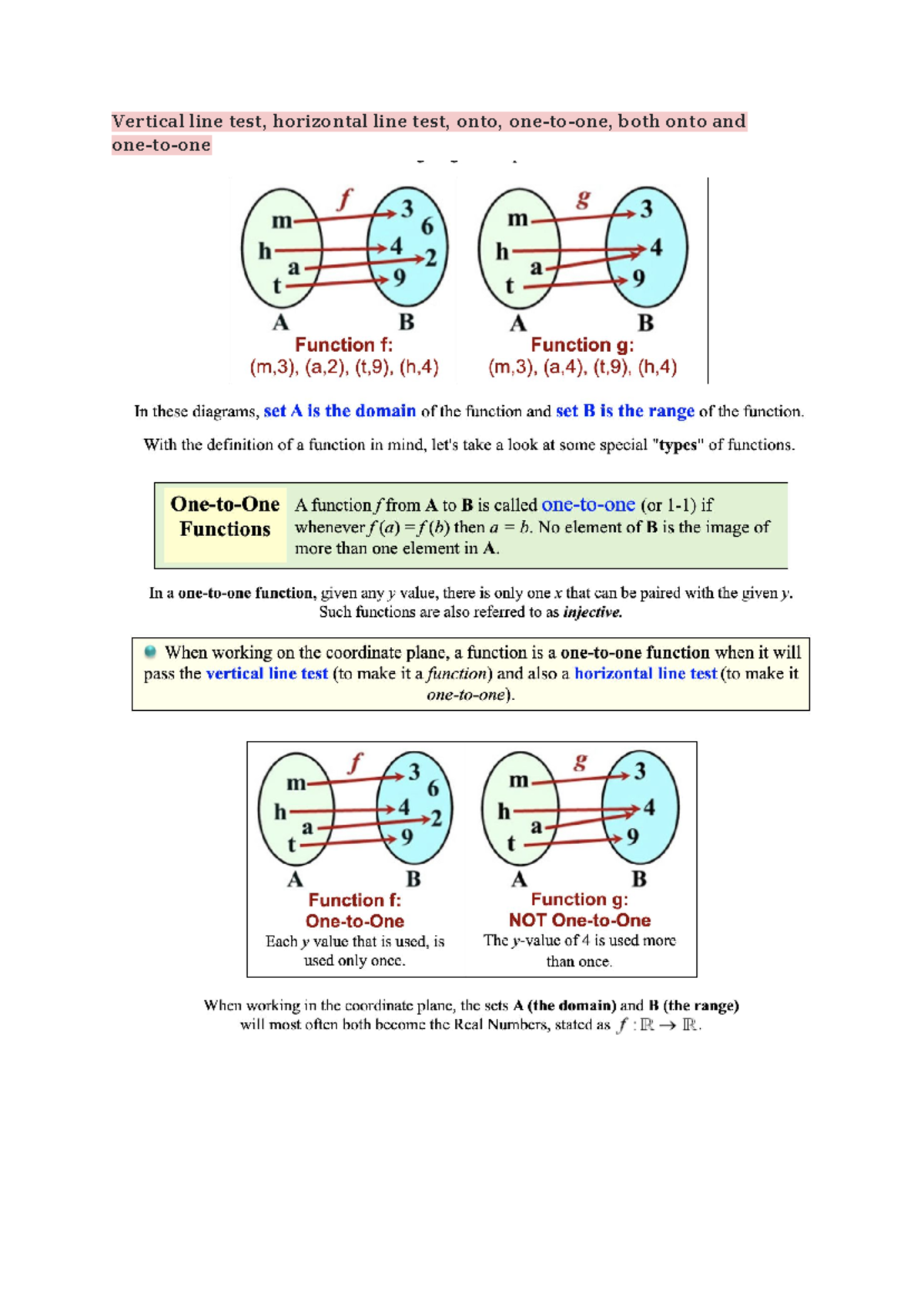 MATH1021 Summaries - Vertical line test, horizontal line test, onto ...