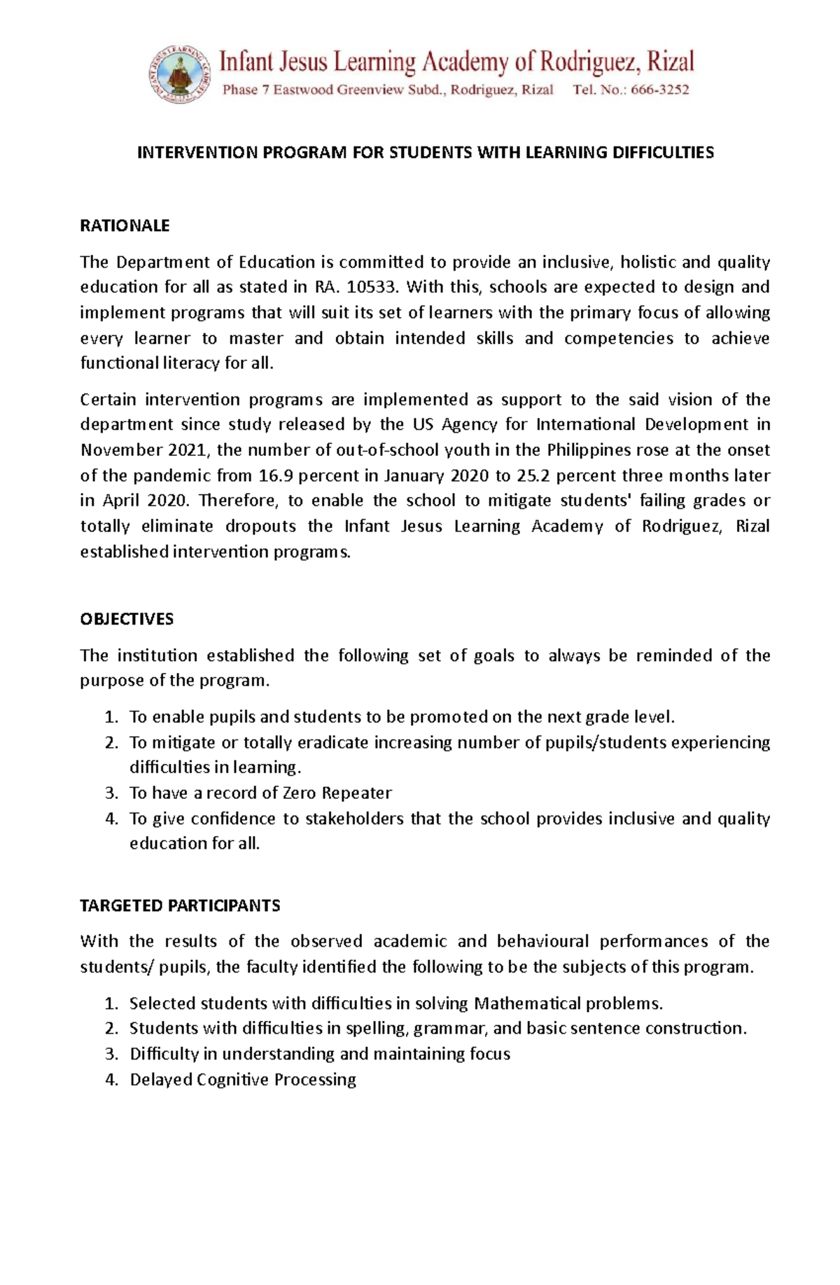 Intervention Program FOR Students WITH Learning Difficulties ...