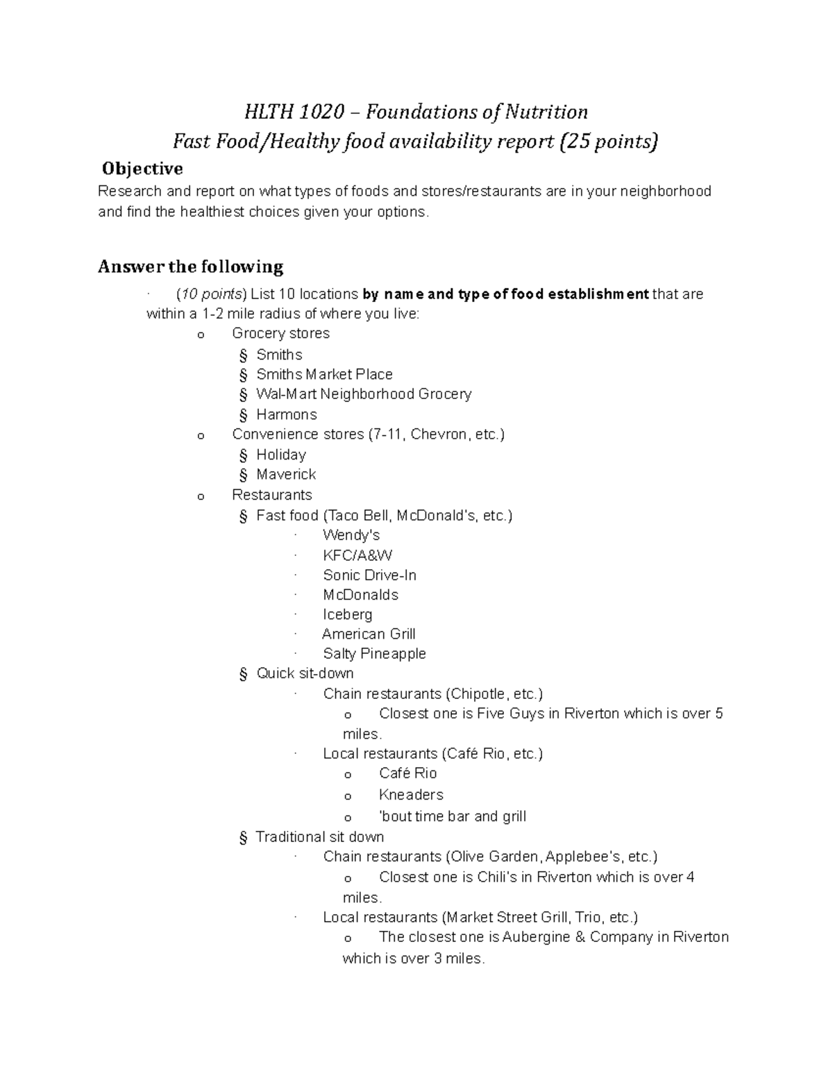 Healthy Food VS. Fast Food Availability Assignment - HLTH 1020 ...