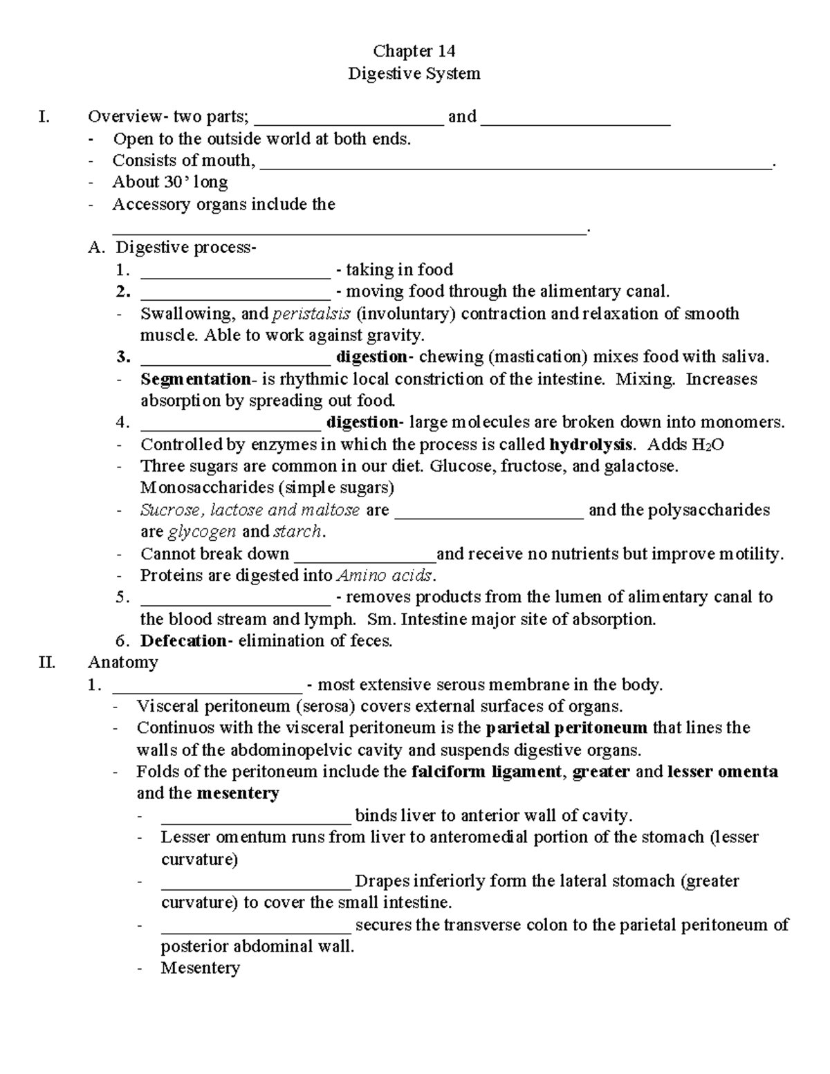 Chapter 14 Student Notes - Chapter 14 Digestive System I. Overview- two ...