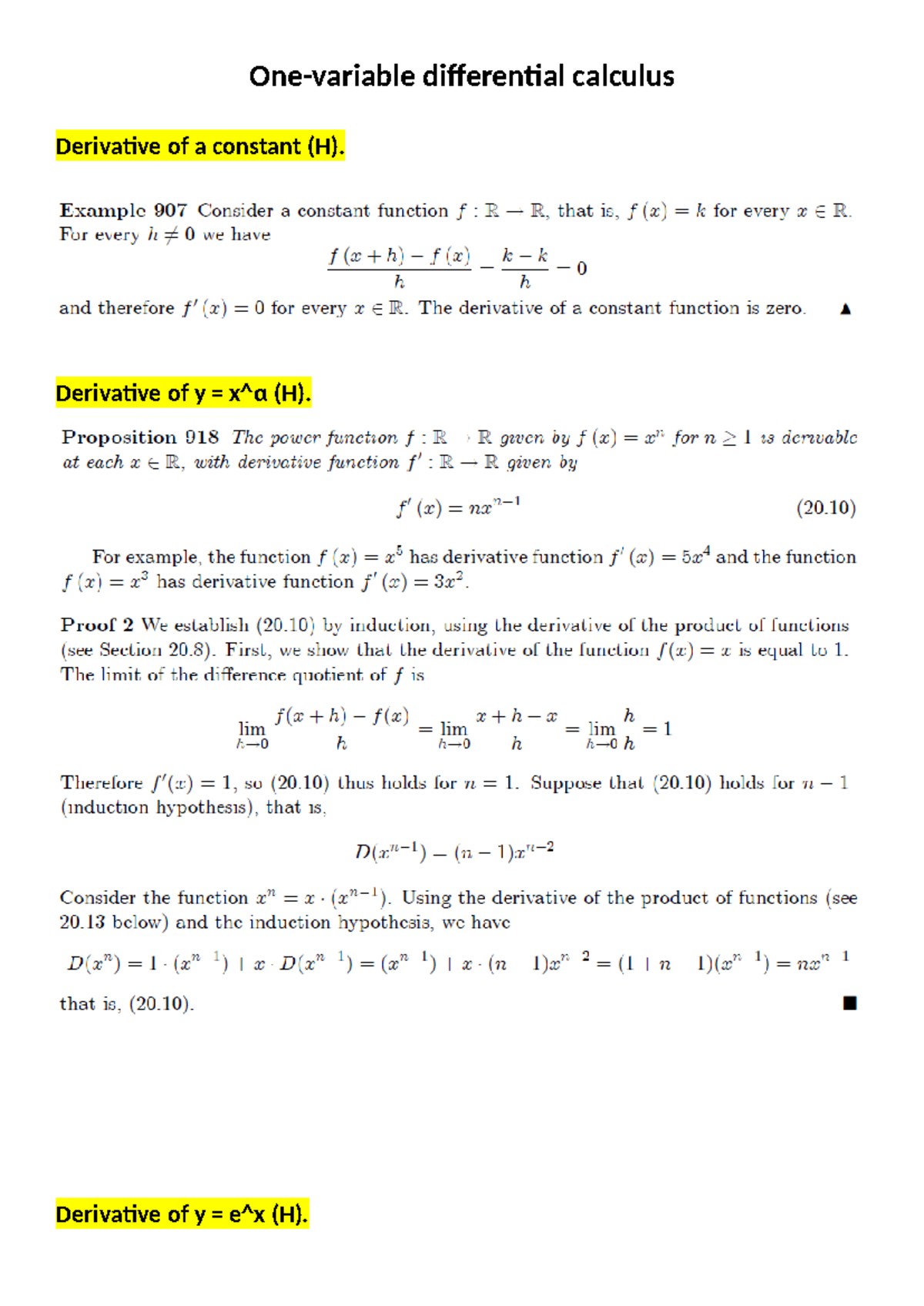 Proofs 4th partial - notes - One-variable differential calculus ...