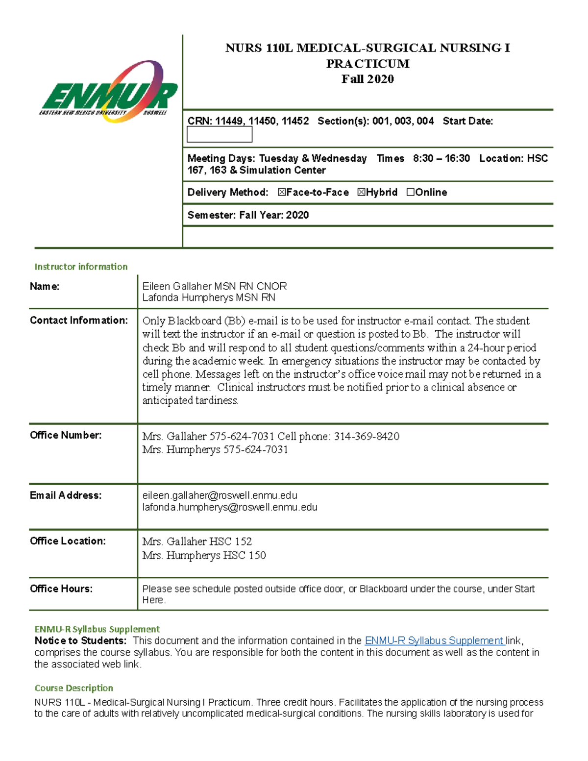 Enmur NURS 110 Medical Surgical Nursing Practicum Fall 2020(3) - NURS ...