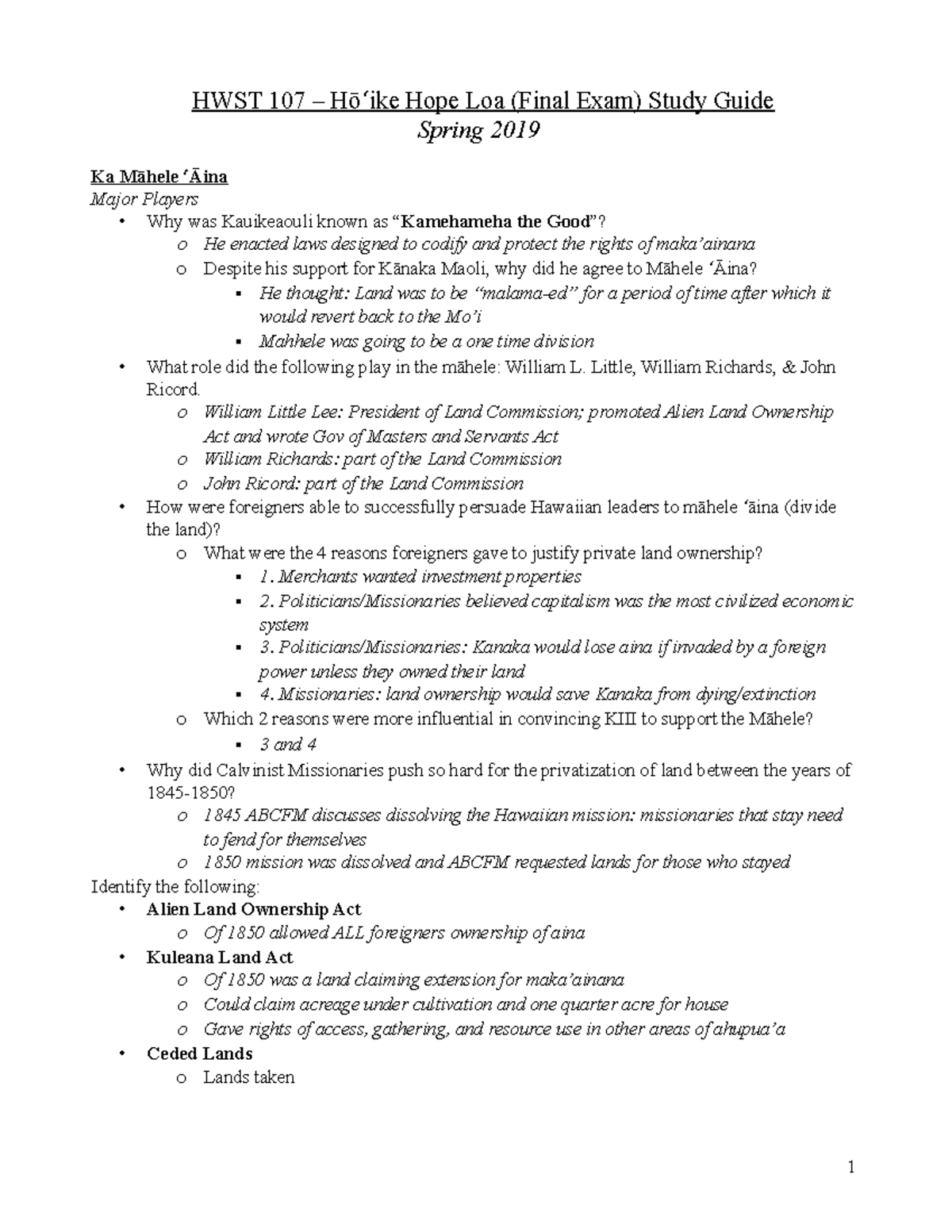 HWST Final Exam Study Guide - SP2019 - HWST 107 – Hōʻike Hope Loa ...