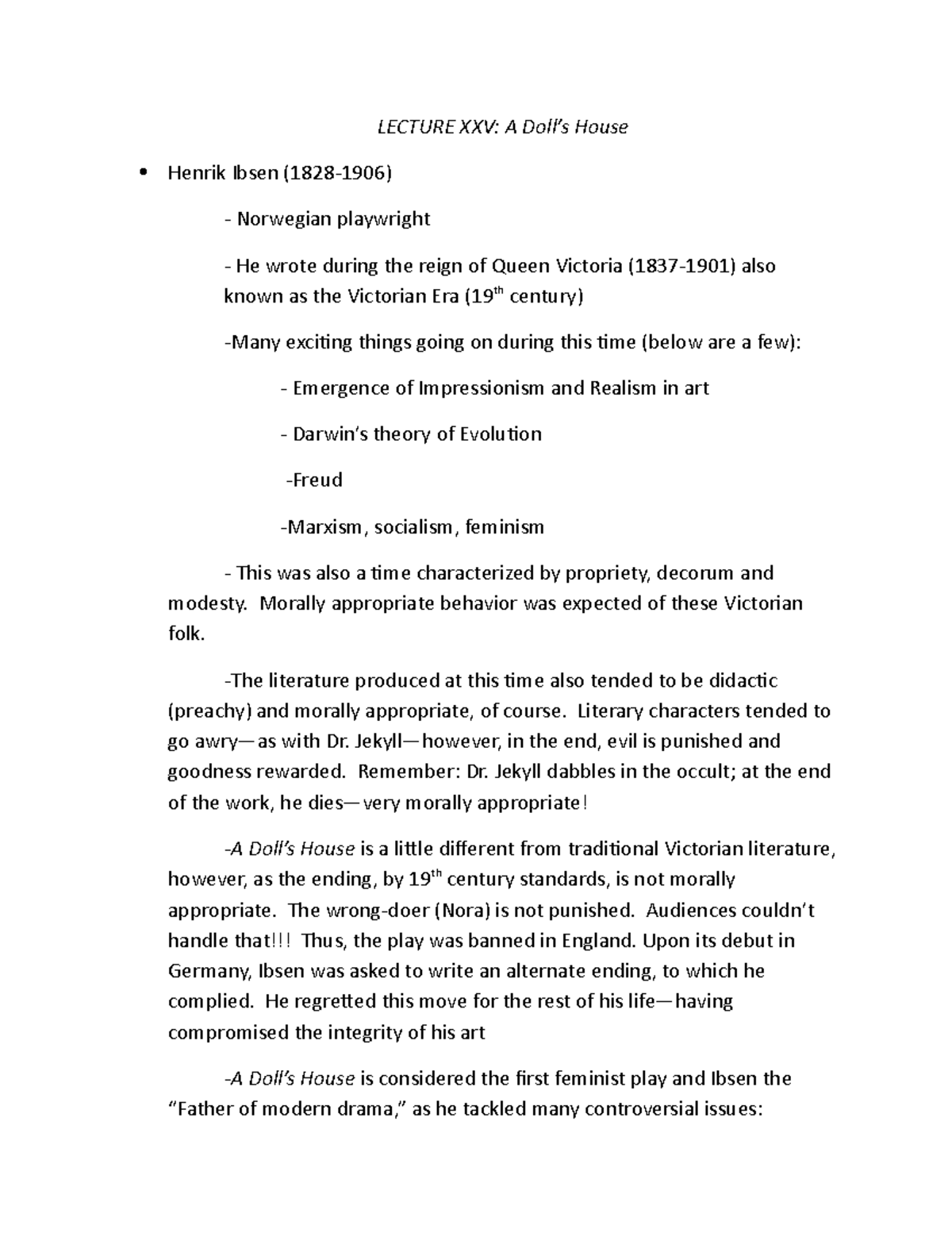 Lecture XXV A DOLL'S House-1 - LECTURE XXV: A Doll’s House Henrik Ibsen ...