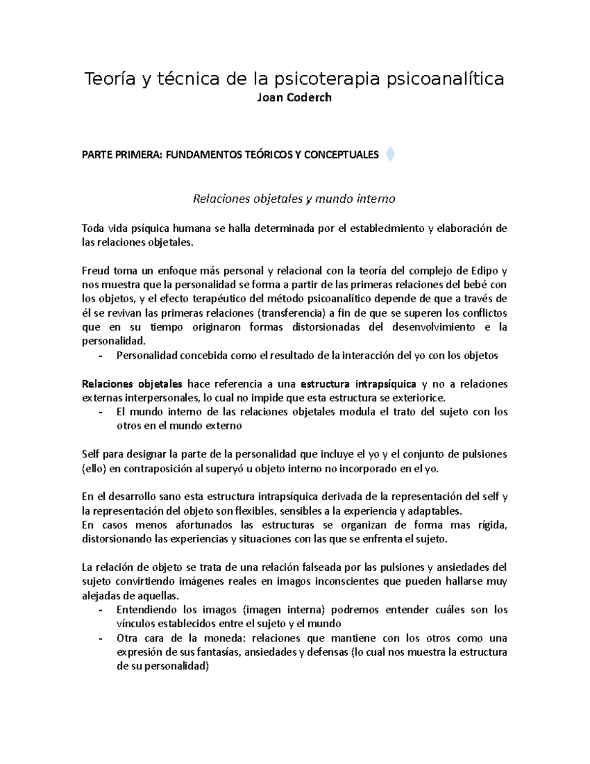 Coderch Resumen Teoría Y Técnica De La Psicoterapia Psicoanalítica