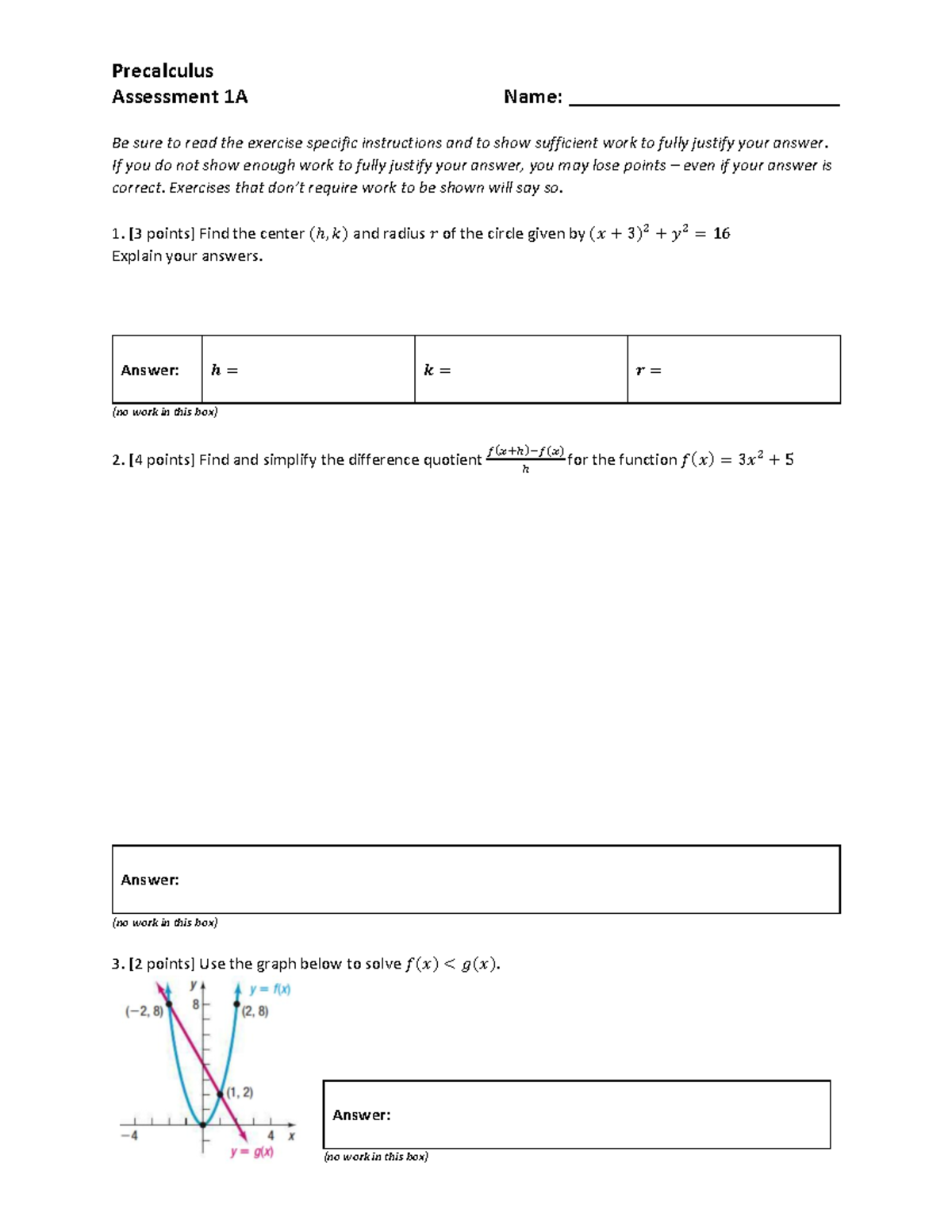 Assessment 1 - Old Version - Precalculus Assessment 1A Name ...