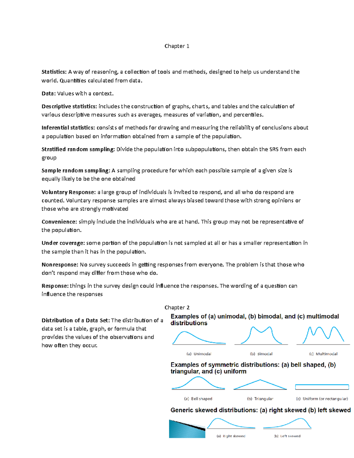 Stats Midterm - Notes for chapters 1-3 - Chapter 1 Statistics: A way of ...