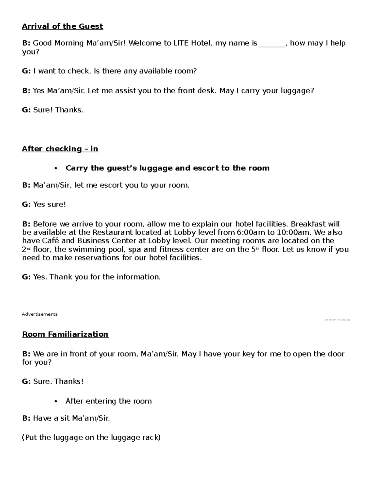 Arrival of the Guest ( Butler Script) - Arrival of the Guest B: Good ...