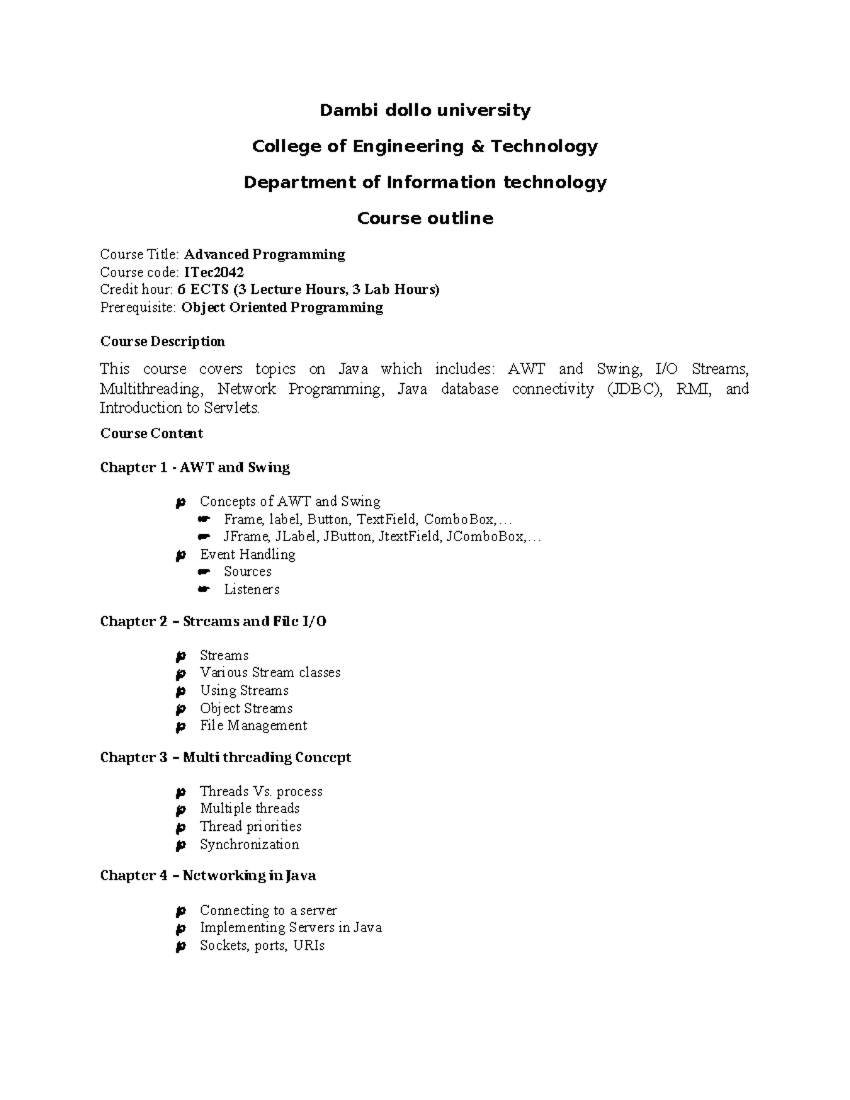 Advanced Programming course outline - Dambi dollo university College of Engineering & Technology ...