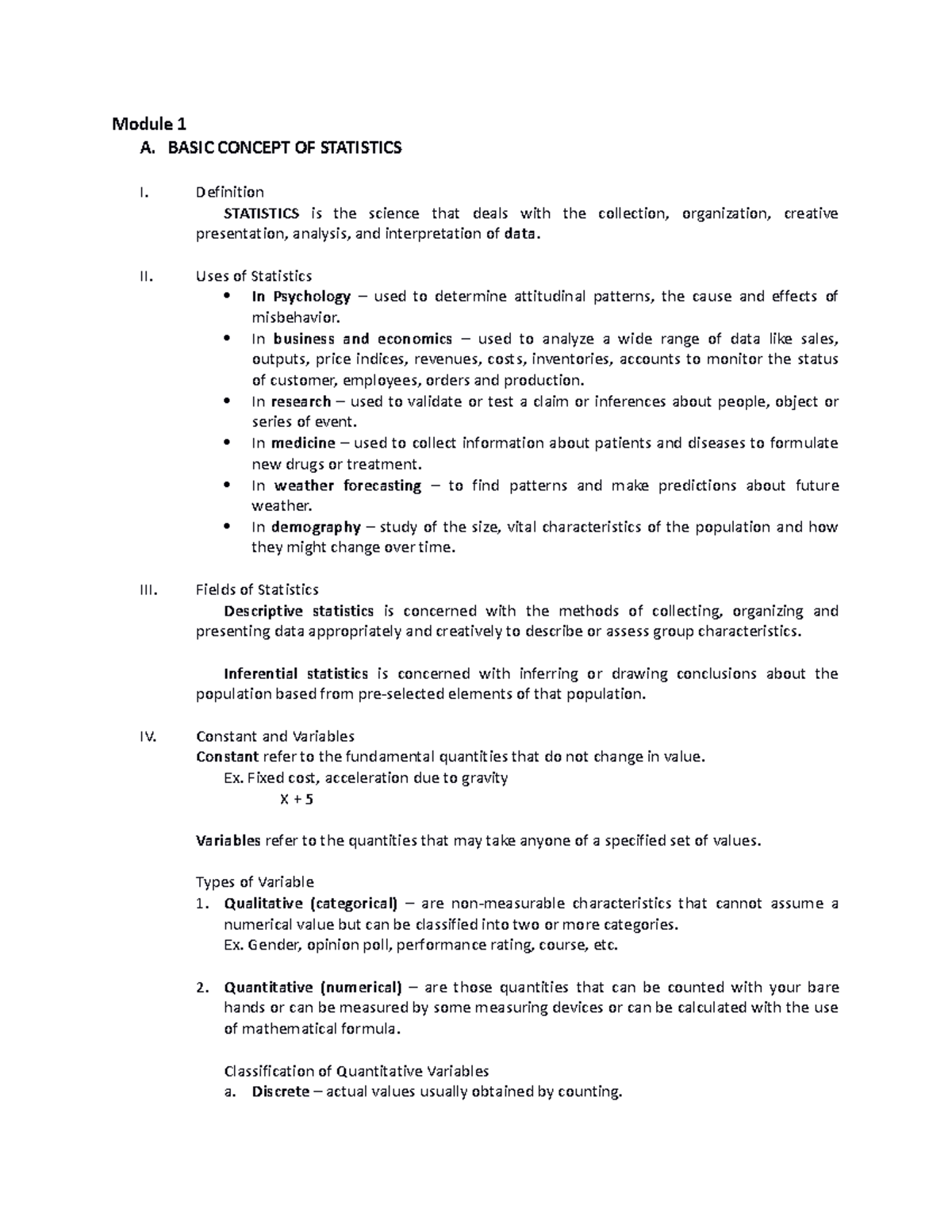 Module 1 STAT GS - essays - Module 1 A. BASIC CONCEPT OF STATISTICS I ...