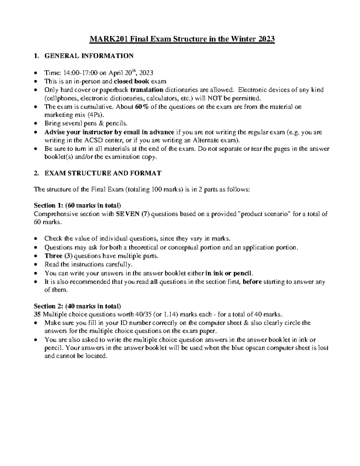 MARK201 Final Exam Structure Winter 2023 - MARK201 Final Exam Structure ...