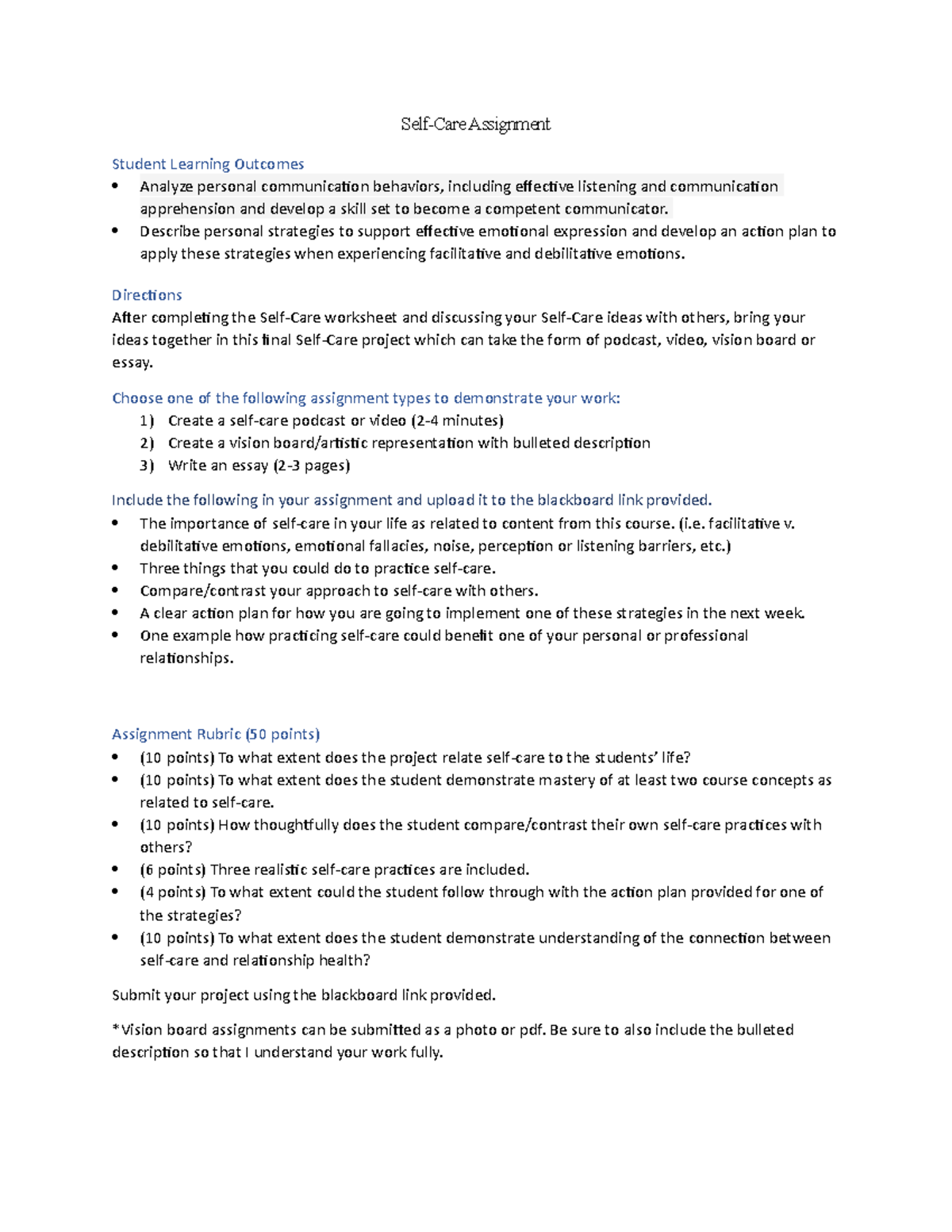 Self Care Final - great class - Self-Care Assignment Student Learning ...