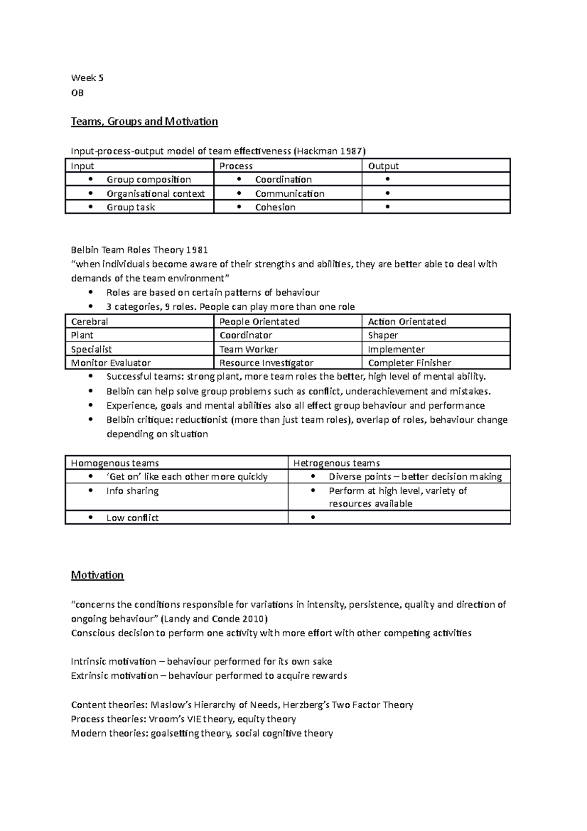 Week 5 OB Groups and Teams AND Motivation - Week 5 OB Teams, Groups and ...