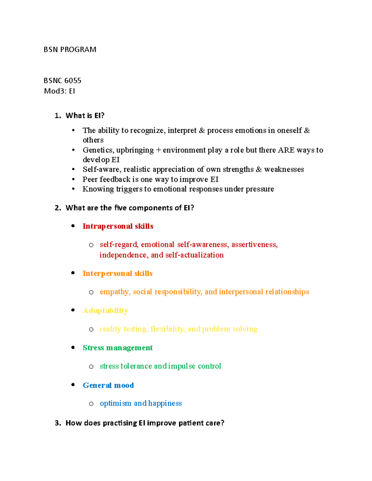 Module 3 Notes - BSN PROGRAM BSNC 6055 Mod3: EI 1. What is EI? The ...