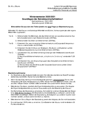 BWL 1 (Bruns) VL 1 (Aufgabenblatt) Unternehmen - Grundlagen der BWL I: Strategische - Studocu