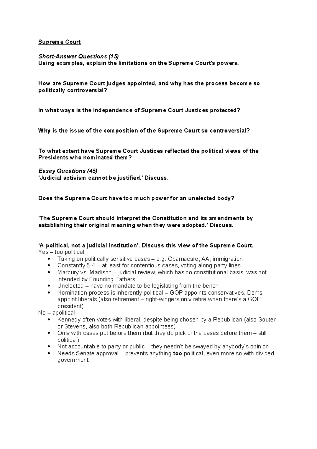Supreme Court - classwork - Supreme Court Short-Answer Questions (15 ...