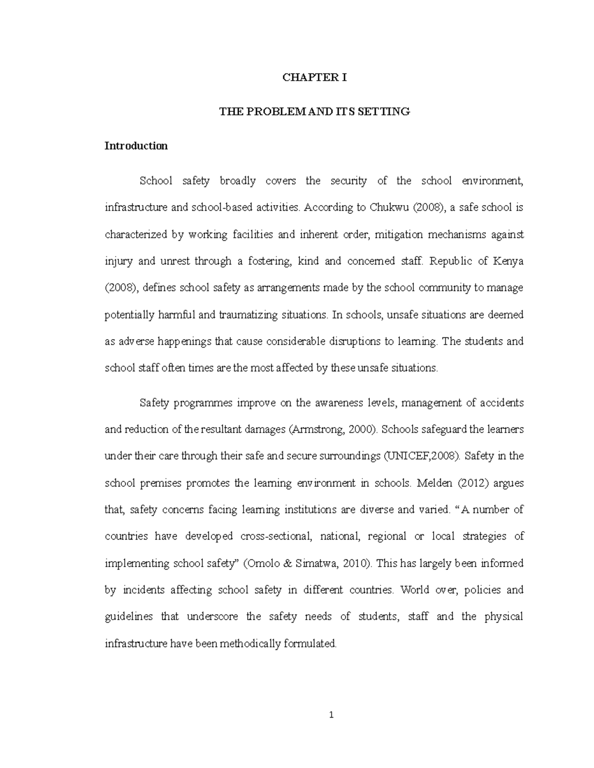 (research feb 28) - CHAPTER I THE PROBLEM AND ITS SETTING Introduction School safety broadly ...