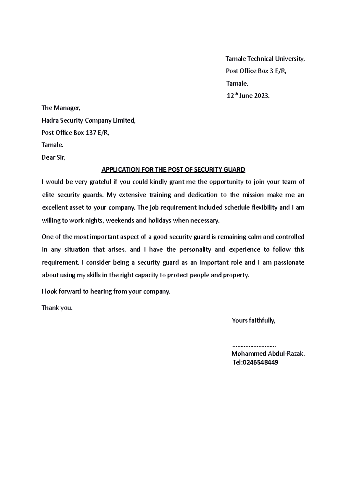 Bonny security - Tamale Technical University, Post Office Box 3 E/R ...