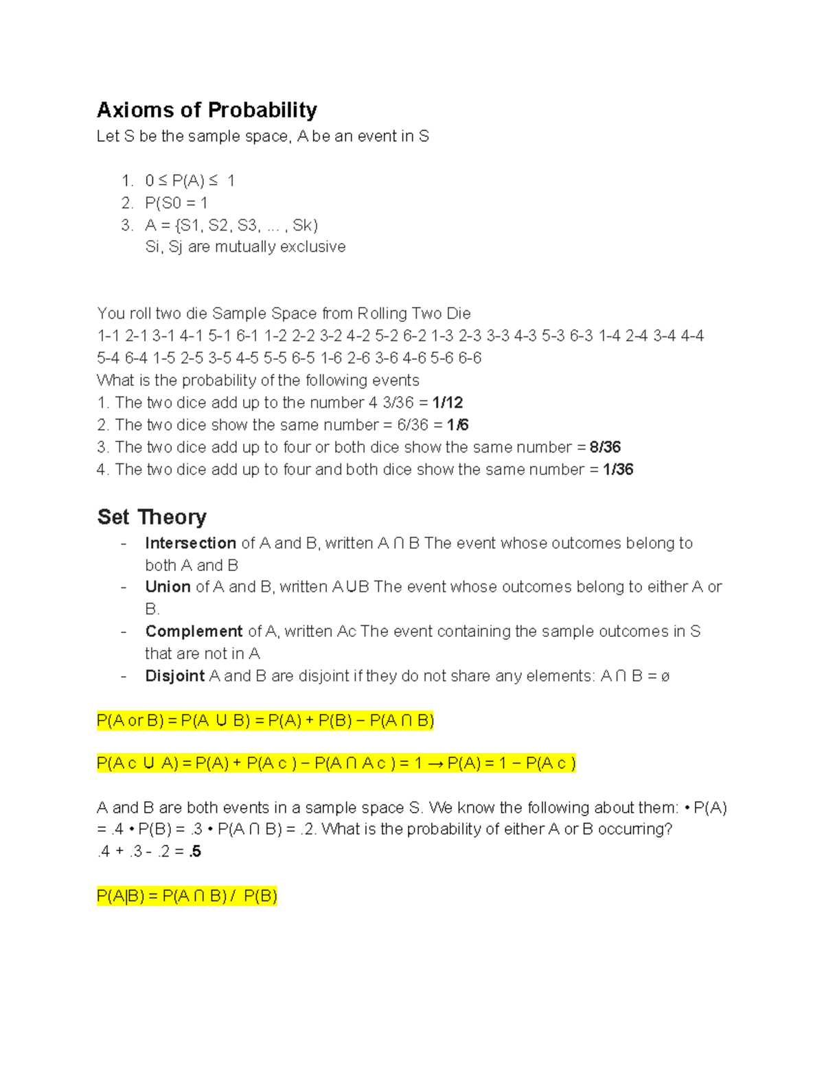 Stats Notebook - Lecture notes 1-4 - Axioms of Probability Let S be the ...