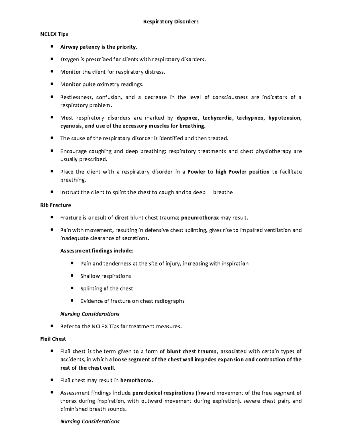 Respiratory Disorders NCLEX Tips - Studocu