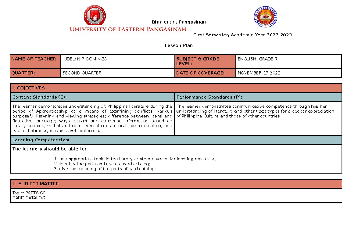Lesson PLAN FOR Grade 7( Partsofcrdctlg) Domingo - First Semester ...