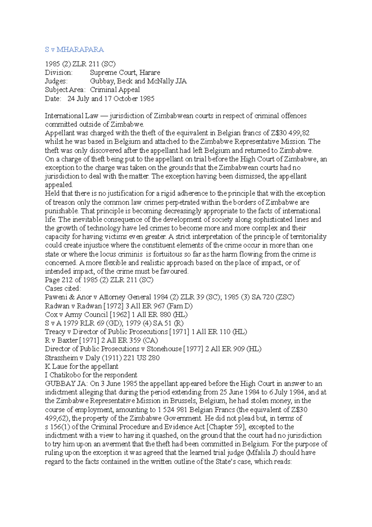 S v mharapara - Caese Law on Public International Law - S v MHARAPARA ...