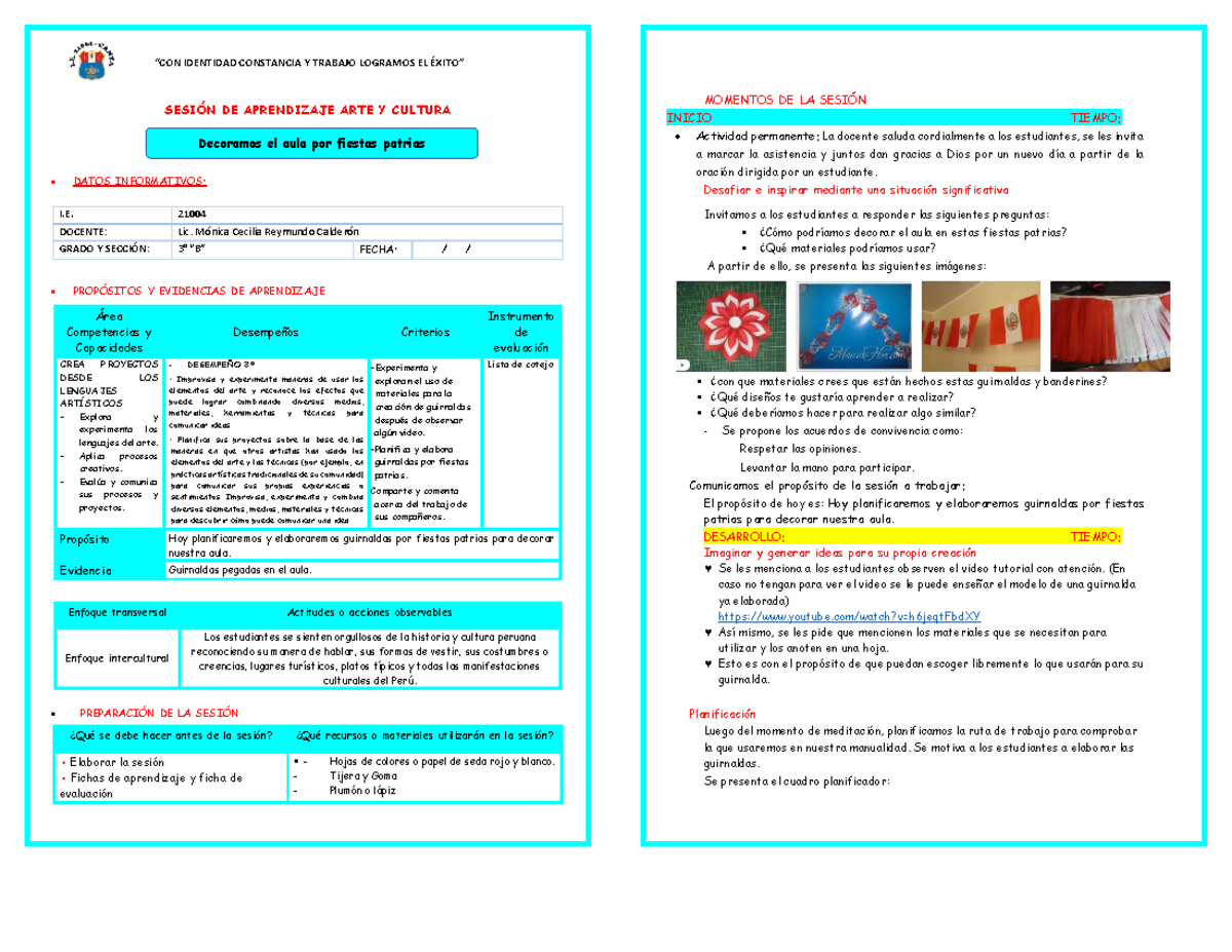Monic - HBBHJKJBKJKJ - SESIÓN DE APRENDIZAJE ARTE Y CULTURA DATOS ...