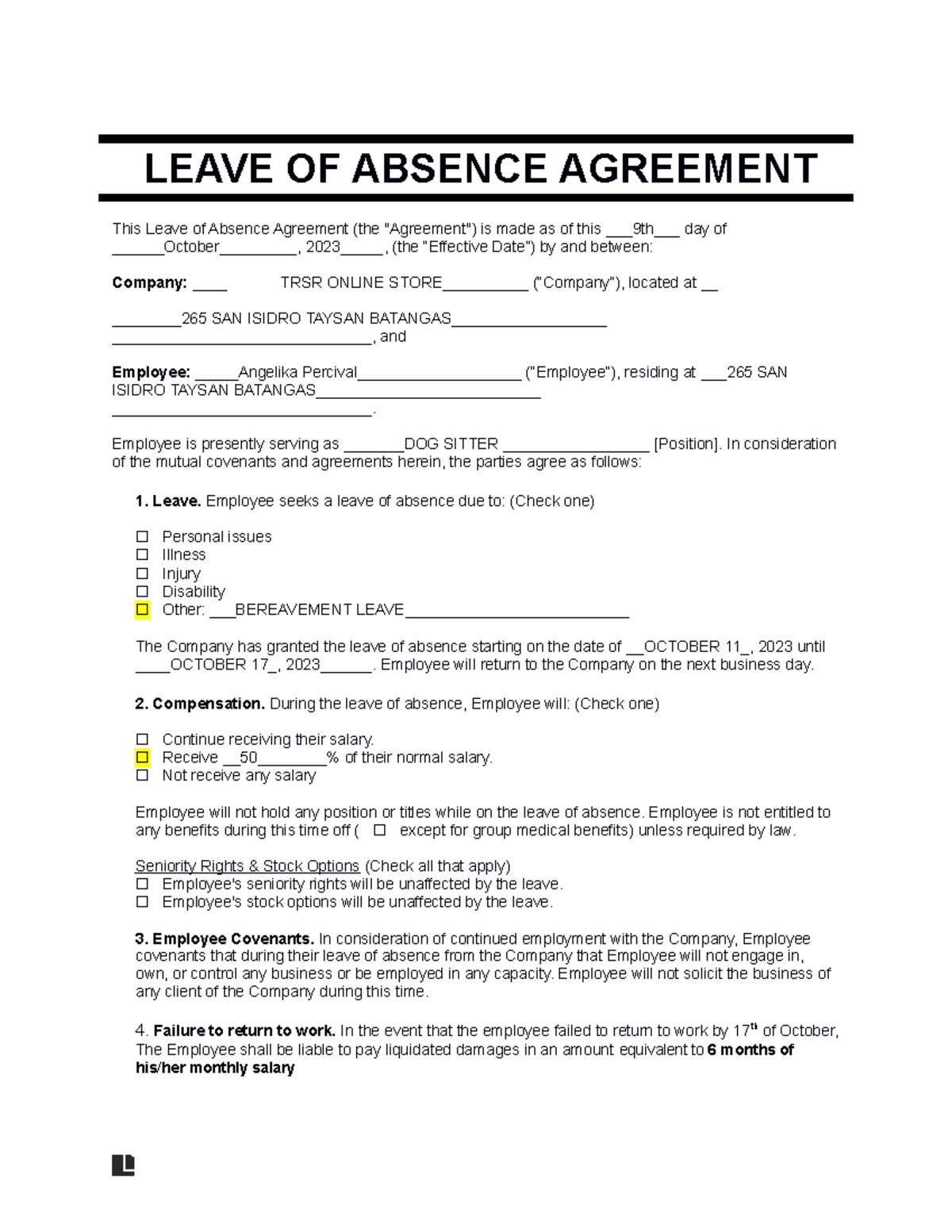 Leave-of-Absence-Agreement- Angelika OCT 11 2023 - LEAVE OF ABSENCE ...